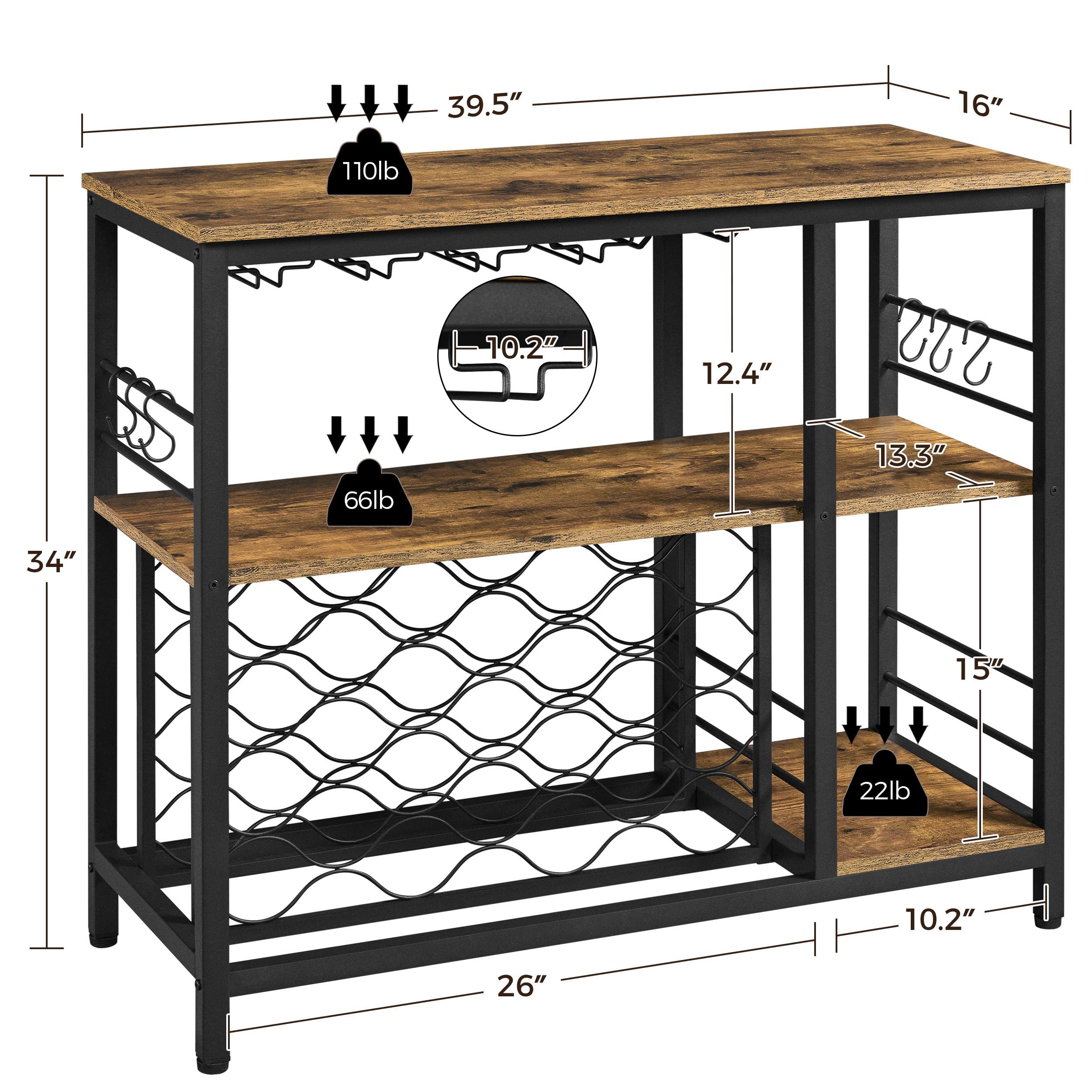 Yaheetech Wine Rack Table with Glass Holder, Industrial Wine Bar Cabinet with 25-Bottle Wine Storage and 6 Hooks, Coffee Bar Table Liquor Cabinet for Bar, Buffet, Living Room, Kitchen, Rustic Brown