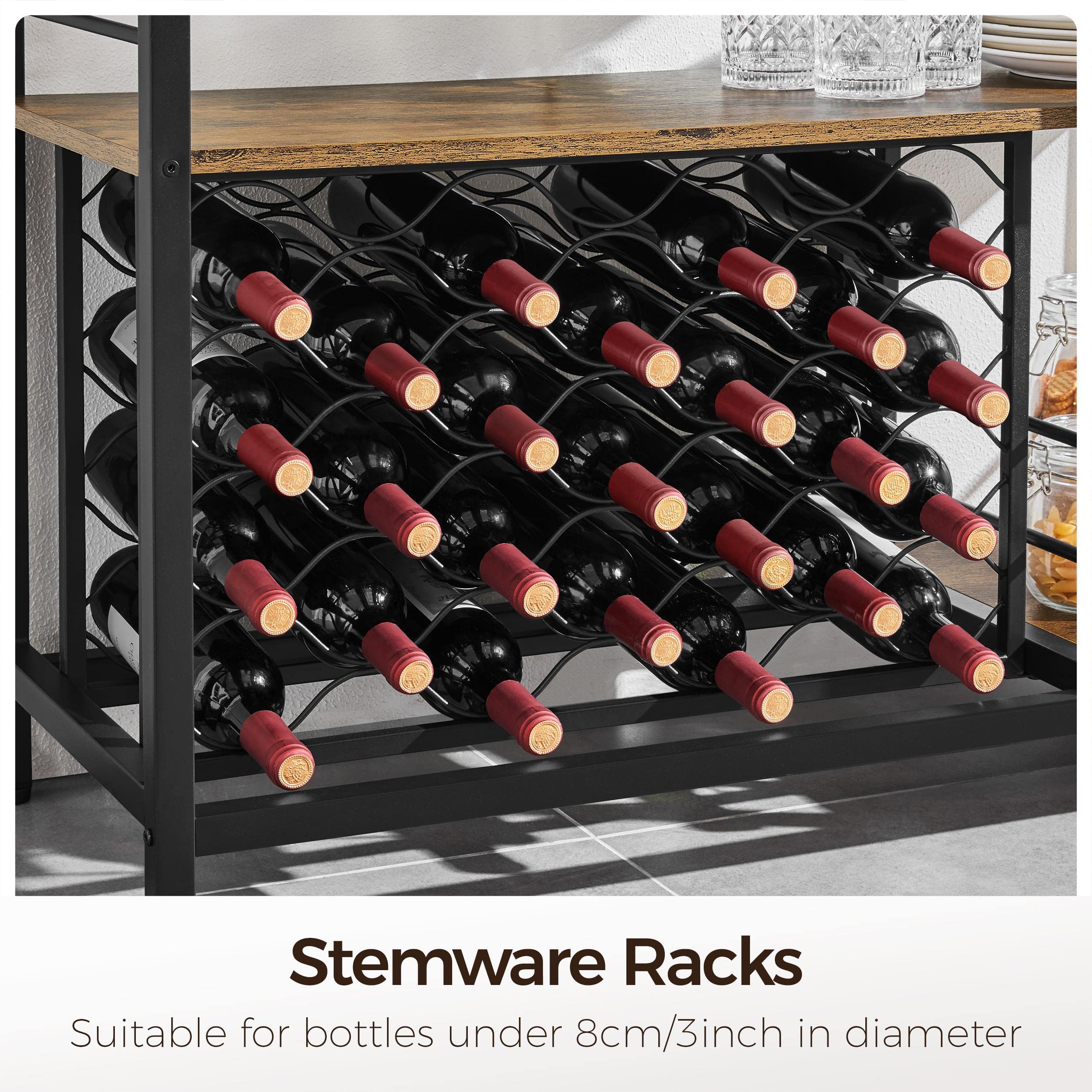 Yaheetech Wine Rack Table with Glass Holder, Industrial Wine Bar Cabinet with 25-Bottle Wine Storage and 6 Hooks, Coffee Bar Table Liquor Cabinet for Bar, Buffet, Living Room, Kitchen, Rustic Brown