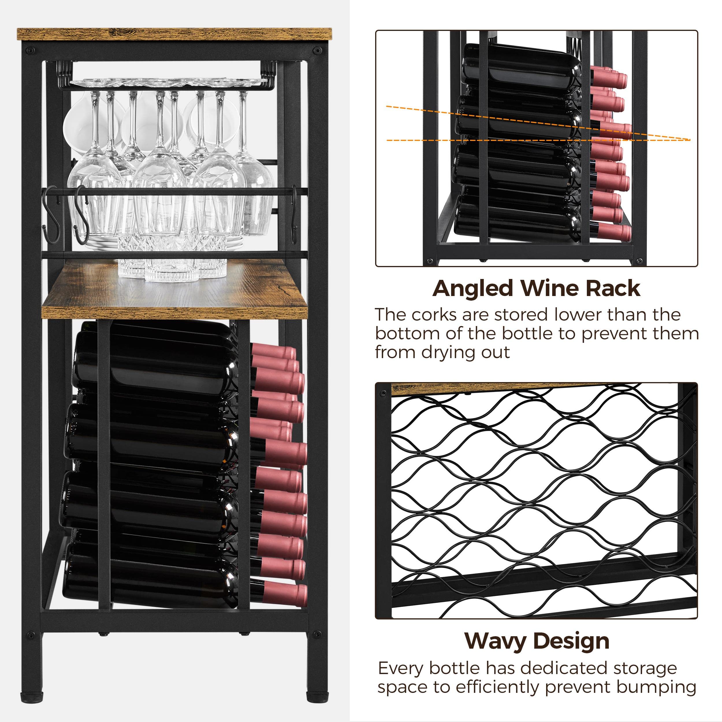 Yaheetech Wine Rack Table with Glass Holder, Industrial Wine Bar Cabinet with 25-Bottle Wine Storage and 6 Hooks, Coffee Bar Table Liquor Cabinet for Bar, Buffet, Living Room, Kitchen, Rustic Brown