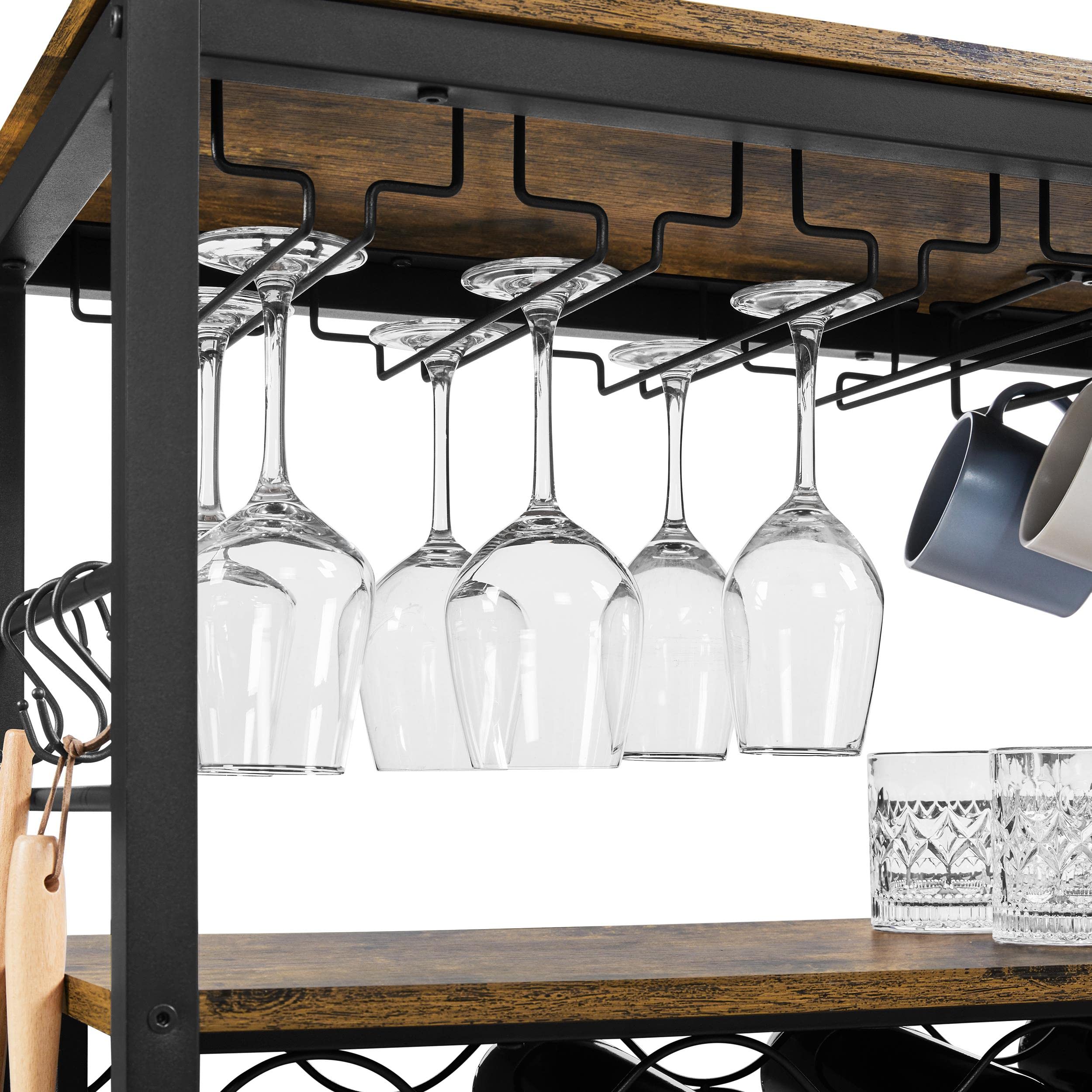 Yaheetech Wine Rack Table with Glass Holder, Industrial Wine Bar Cabinet with 25-Bottle Wine Storage and 6 Hooks, Coffee Bar Table Liquor Cabinet for Bar, Buffet, Living Room, Kitchen, Rustic Brown