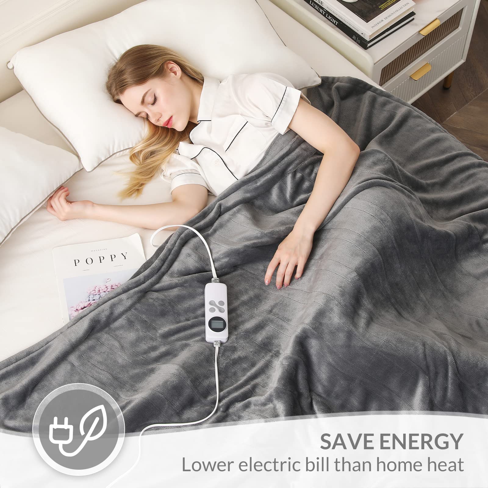HOMLYNS Electric Blanket Twin Size with 1-12 hrs Timer Auto-Off & 10 Heating Levels, Double-Layer Flannel Heated Blanket with ETL Certification, Machine Washable Heating Blanket (62βx 84β, Grey)