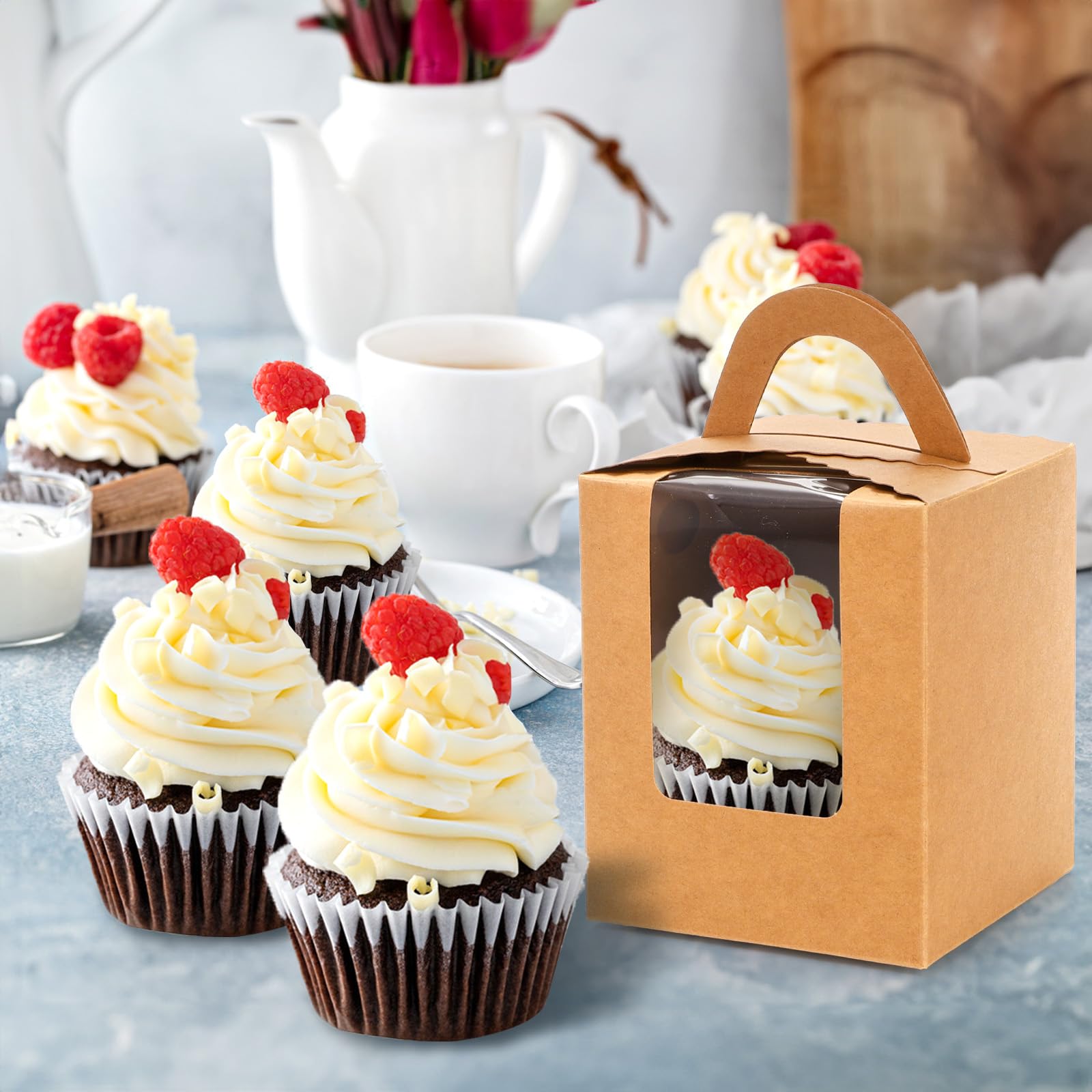 Jucoan 100 Pack Cupcake Box, Brown Kraft Paper Individual Cupcake Box Holder Container with Window and Handles, Bulk Bakery Pastry Wrapping Box for Muffin, Cupcake, Wedding Party, Baby Shower
