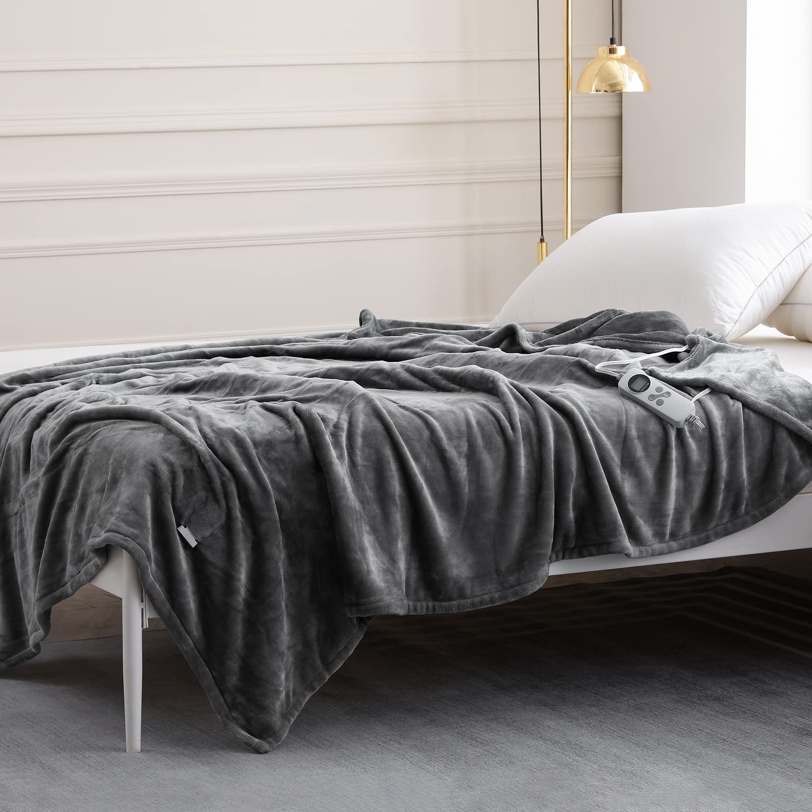 HOMLYNS Electric Blanket Twin Size with 1-12 hrs Timer Auto-Off & 10 Heating Levels, Double-Layer Flannel Heated Blanket with ETL Certification, Machine Washable Heating Blanket (62βx 84β, Grey)
