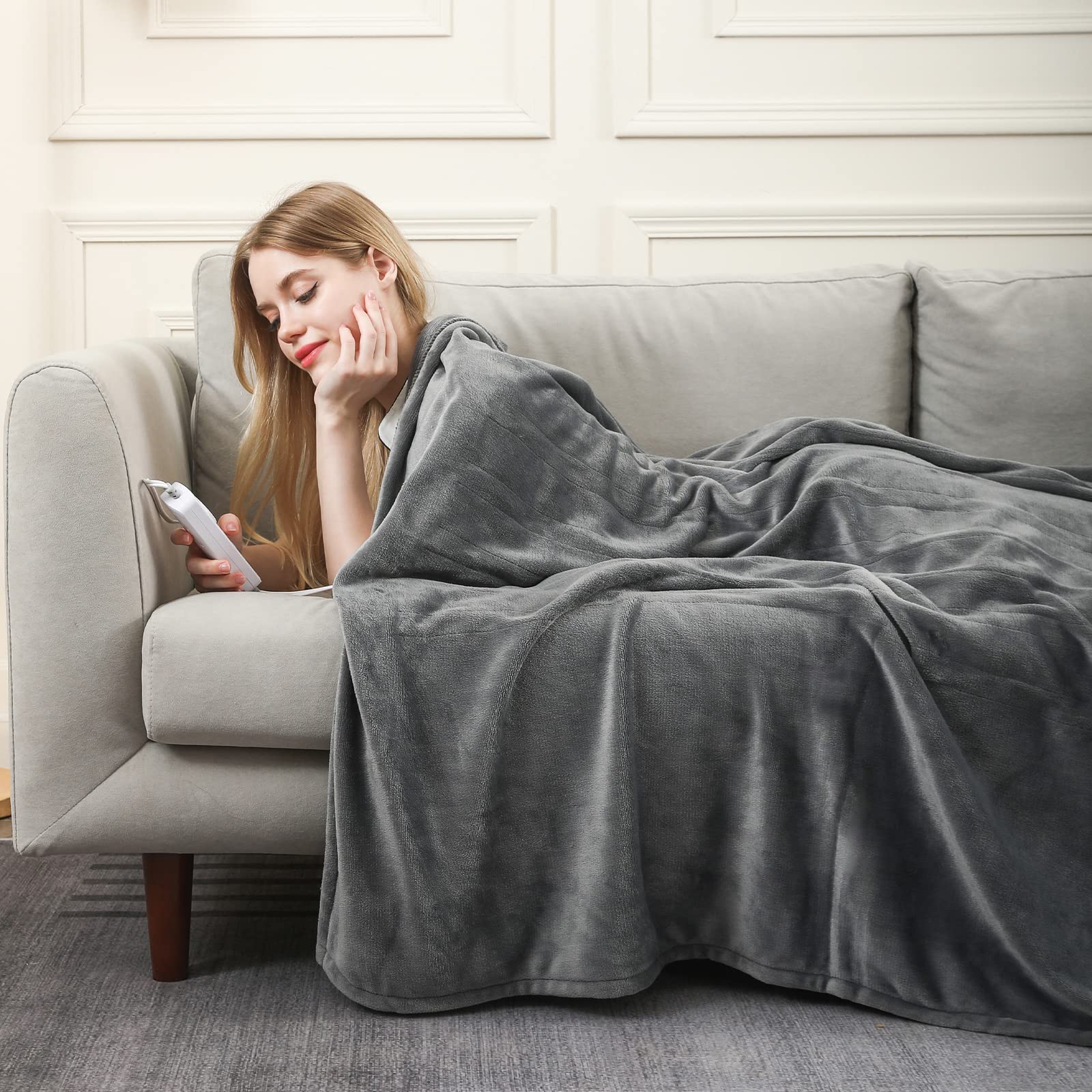 HOMLYNS Electric Blanket Twin Size with 1-12 hrs Timer Auto-Off & 10 Heating Levels, Double-Layer Flannel Heated Blanket with ETL Certification, Machine Washable Heating Blanket (62βx 84β, Grey)