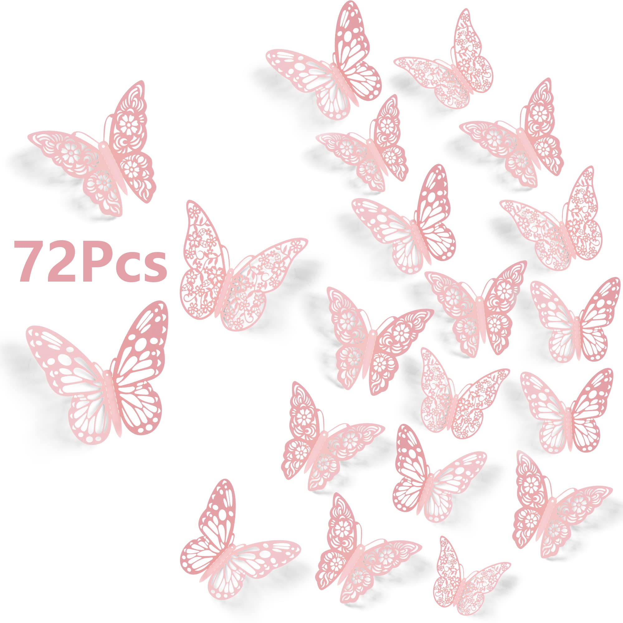 SAOROPEB 3D Butterfly Wall Decor, 72Pcs 3 Sizes 3 Styles, Removable Stickers Wall Decor Room Mural for Party Cake Decoration Metallic Fridge Sticker Kids Bedroom Nursery Classroom Wedding Decor DIY Gift (Pink)