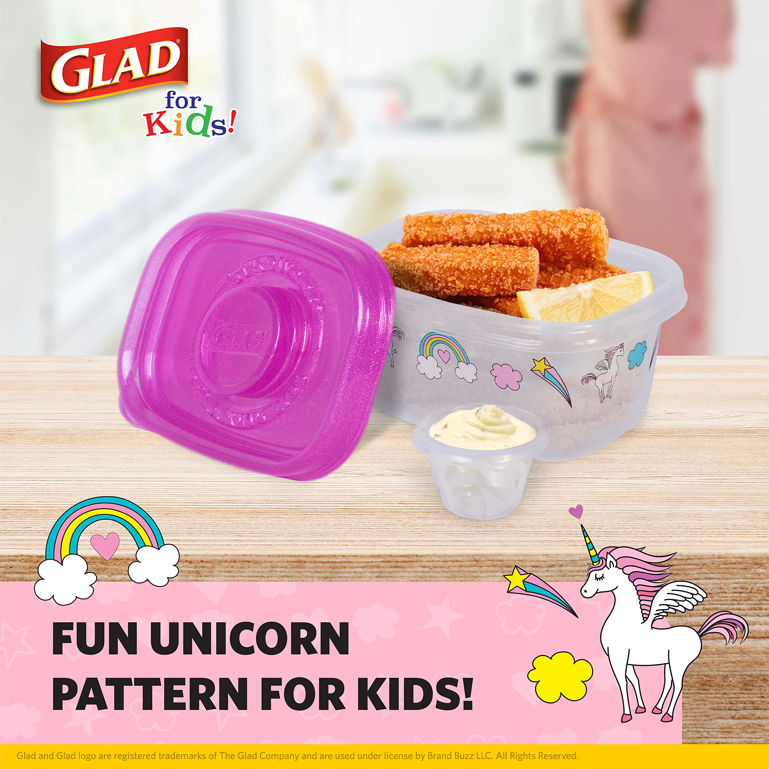 Glad for Kids Unicorns GladWare To Go Storage Containers with Lids| 24 oz Kids Snack Containers with Unicorn Design, 4 Count Set with 4 Dressing or Sauce Cups