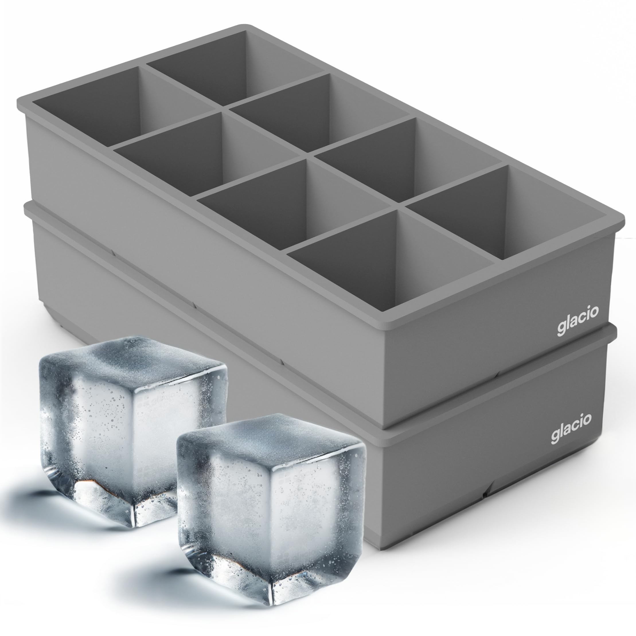 glacio Ice Cube Trays Silicone - Large Ice Tray Molds for making 8 Giant Ice Cubes for Whiskey - 2 Pack