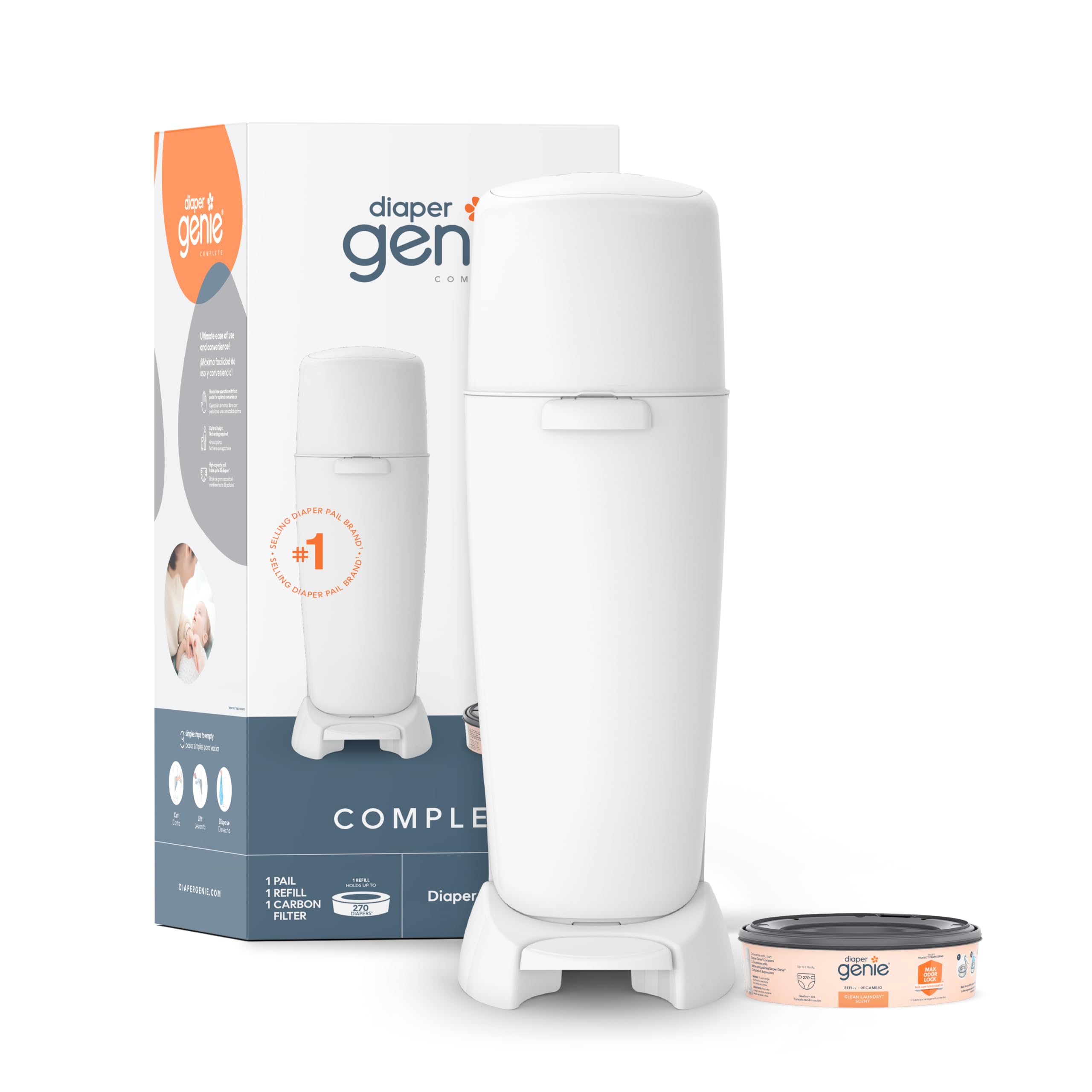 Diaper Genie Complete Diaper Pail (White) with Antimicrobial Odor Control | Includes 1 Diaper Trash Can, 1 Refill Bags, 1 Carbon Filter