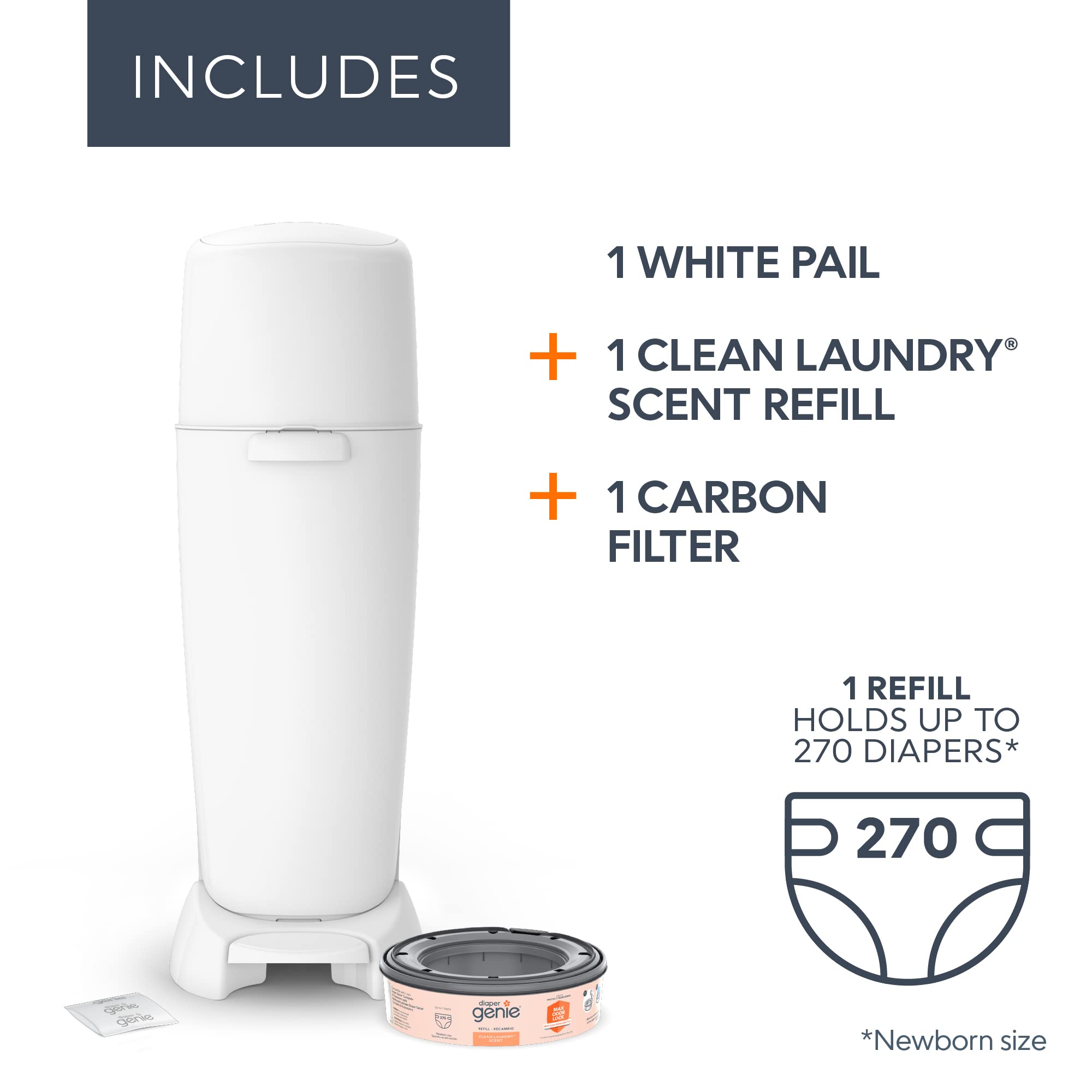 Diaper Genie Complete Diaper Pail (White) with Antimicrobial Odor Control | Includes 1 Diaper Trash Can, 1 Refill Bags, 1 Carbon Filter