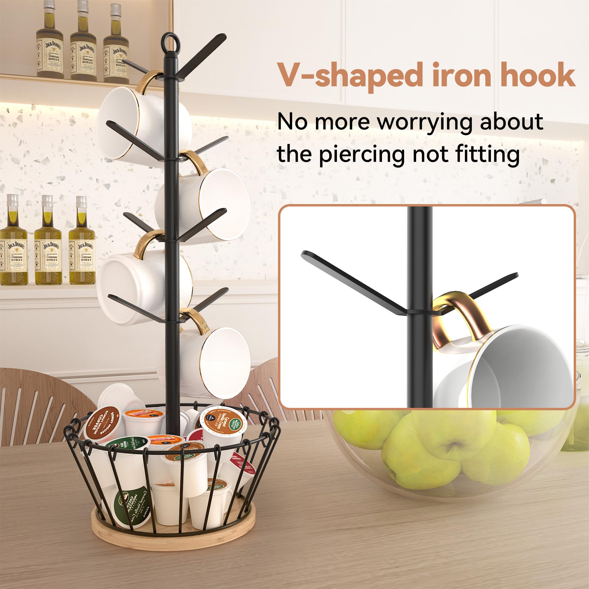 simesove Drying Storage Rack Holder Home Storage Mug Hooks Multipurpose Display Stand Metal Tree Shape Mug Coffee Cups Stand with 8 Hooks-Bamboo Base with Coffee Basket