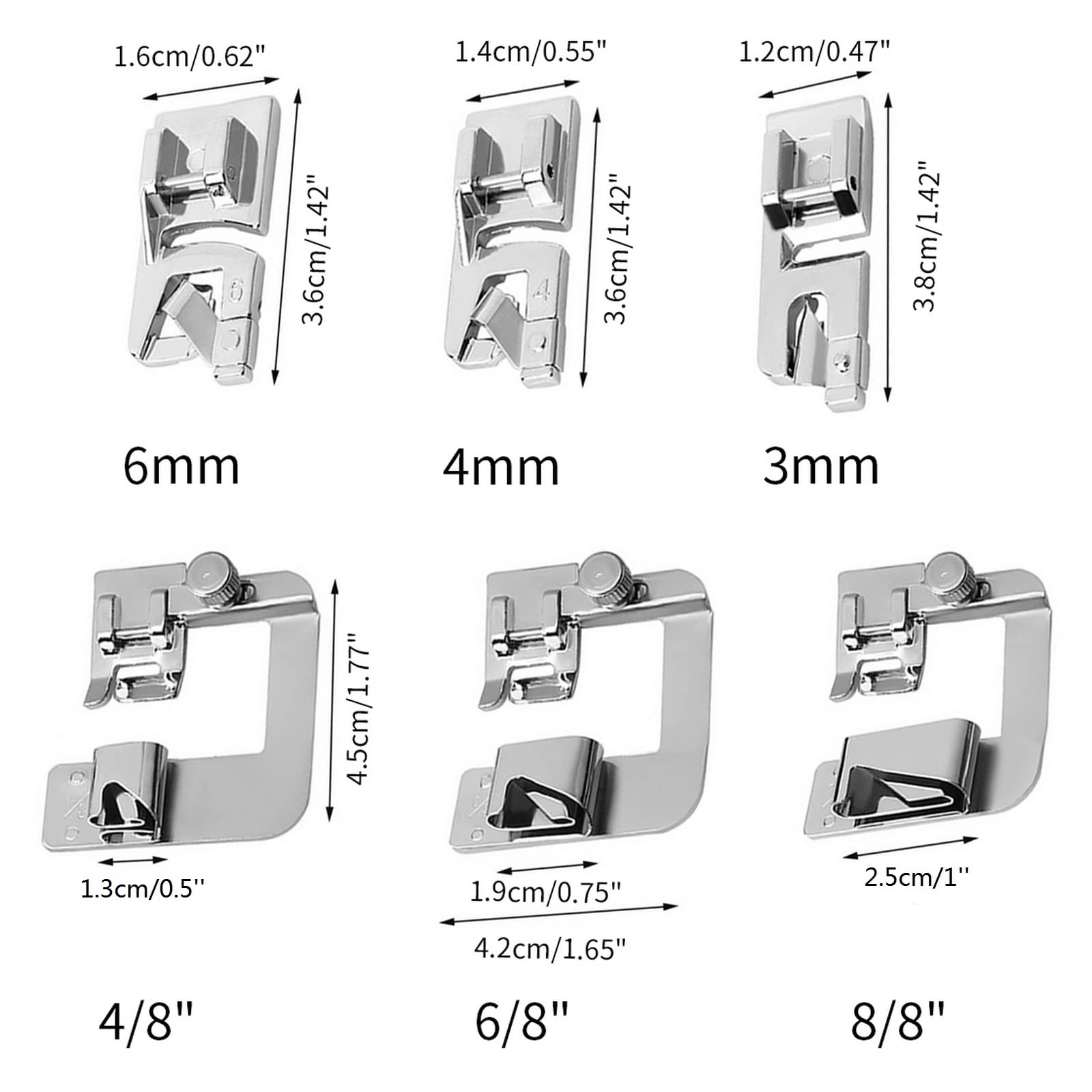 6 Pcs Rolled Hem Presser Foot, Hemming Foot Kit for Sewing Rolled Hemmer Presser Foot for Singer, Brother, Janome, Home Multifunctional Sewing Machine