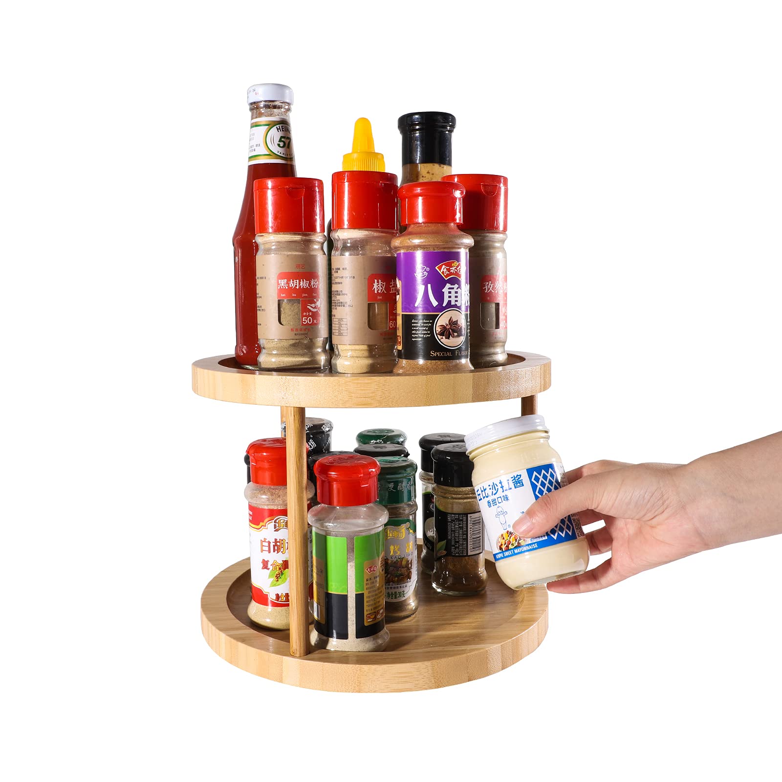 YCOCO Bamboo Lazy Susan Spice Rack Organizer for Cabinet,2 Tier Rotating Spice Rack,Lazy Susan Turntable Tiered Rotating Kitchen Spice Carousel for Cabinets,Pantry,Bathroom Display Stand