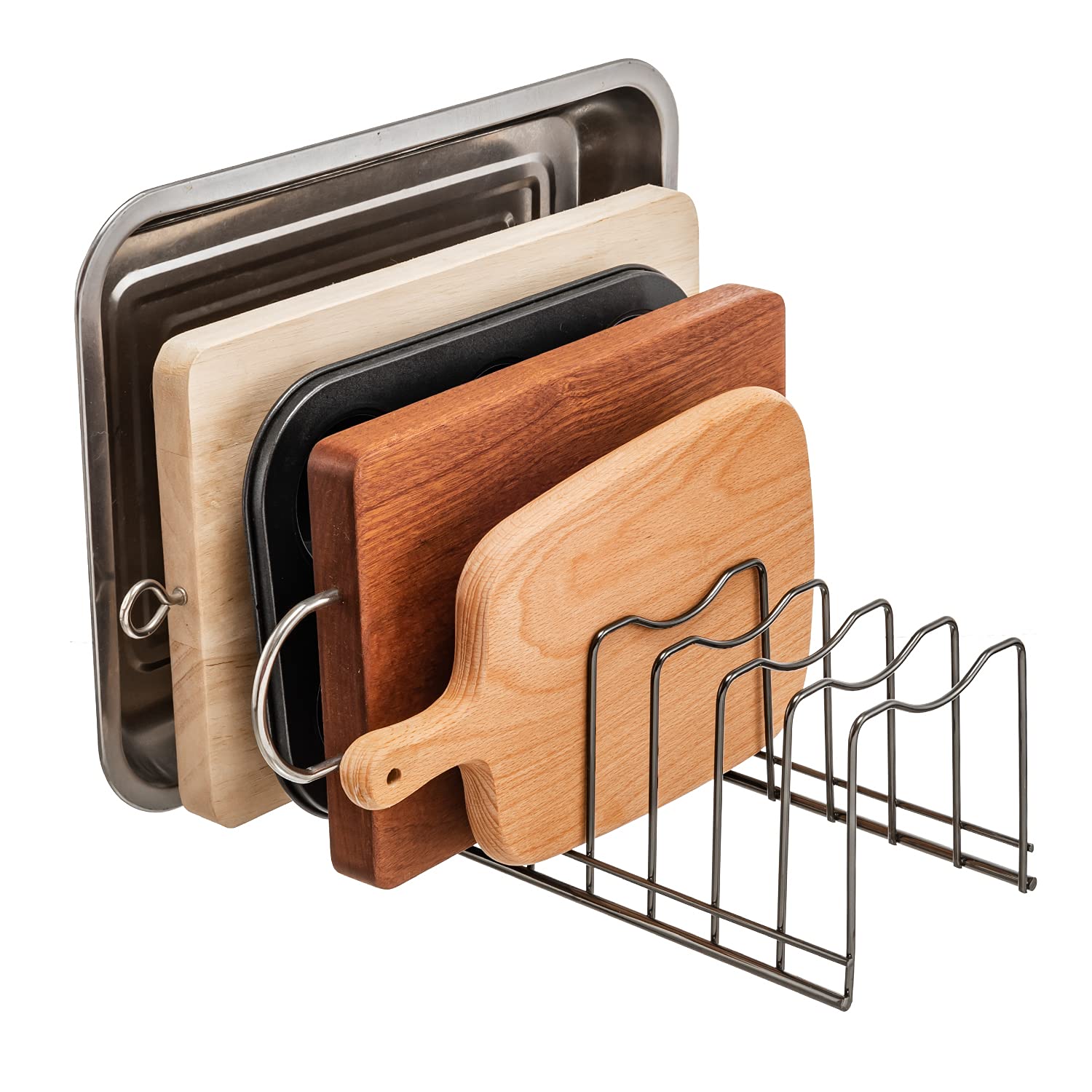 Pan/Pot Lids Holder Organizer, Kitchen Storage Rack for Cutting Board, Baking Sheet, Skillet Lid in Cupboard/ Cabinet on Countertop, Stainless Steel (Satin Nickel, 1)