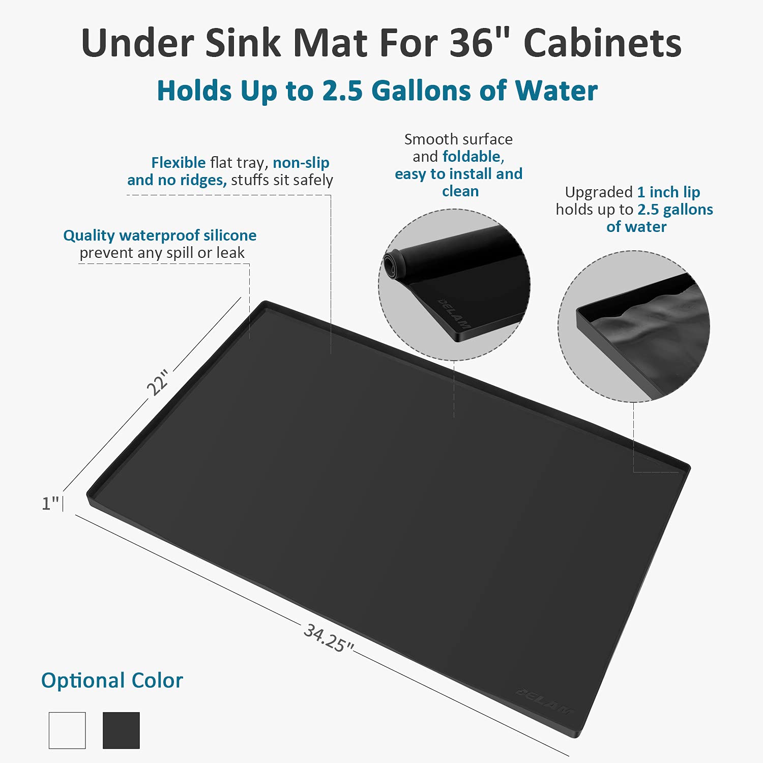 DELAM Under Sink Mat for 36" Cabinet, Hold Up to 3.3 Gallons, Silicone Waterproof Mat, Kitchen Cabinet liner, Under Sink Tray for Drips Leaks Spills, Flexible, No Slip, Easy to Clean, Black 34.25"x22"