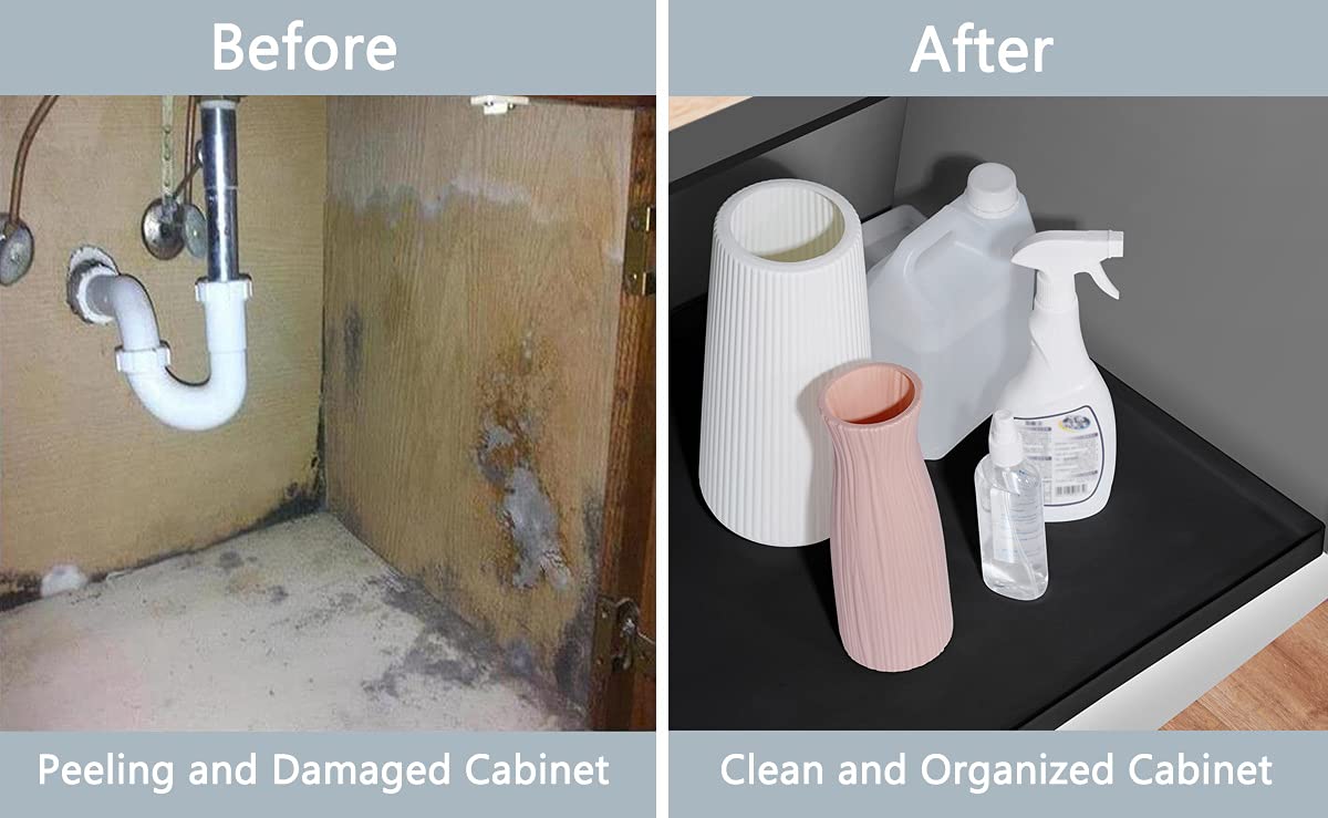 DELAM Under Sink Mat for 36" Cabinet, Hold Up to 3.3 Gallons, Silicone Waterproof Mat, Kitchen Cabinet liner, Under Sink Tray for Drips Leaks Spills, Flexible, No Slip, Easy to Clean, Black 34.25"x22"