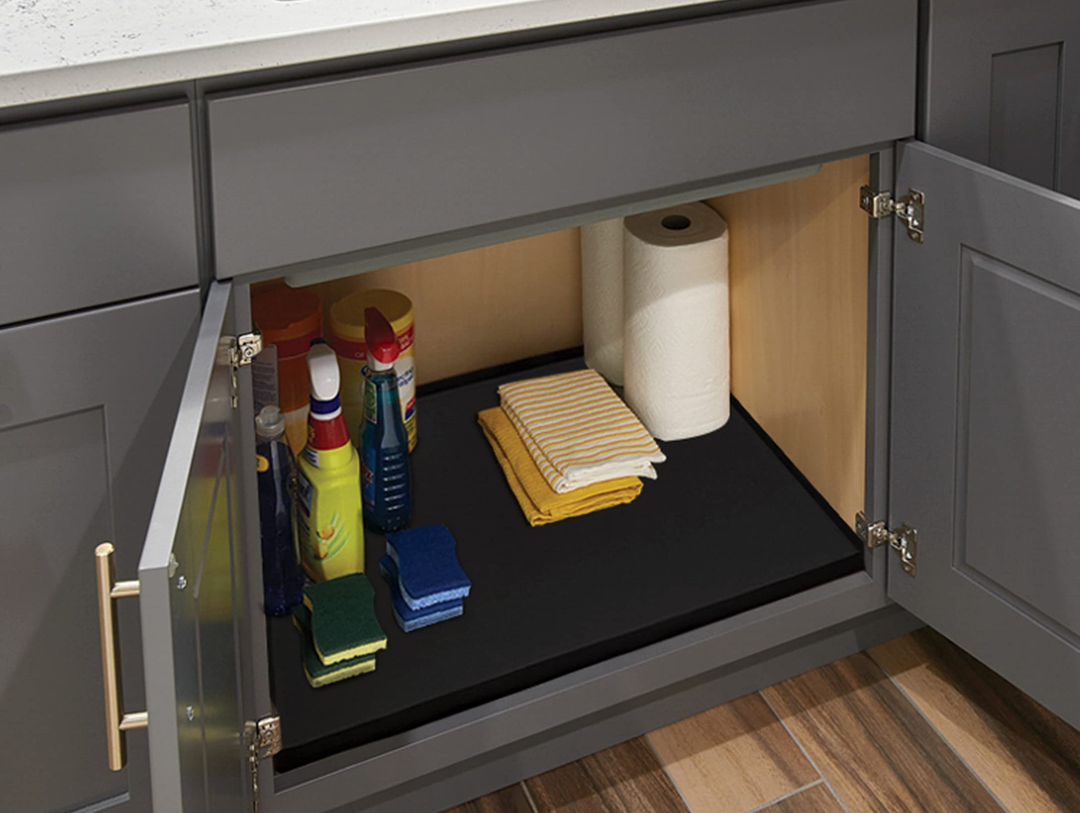 DELAM Under Sink Mat for 36" Cabinet, Hold Up to 3.3 Gallons, Silicone Waterproof Mat, Kitchen Cabinet liner, Under Sink Tray for Drips Leaks Spills, Flexible, No Slip, Easy to Clean, Black 34.25"x22"