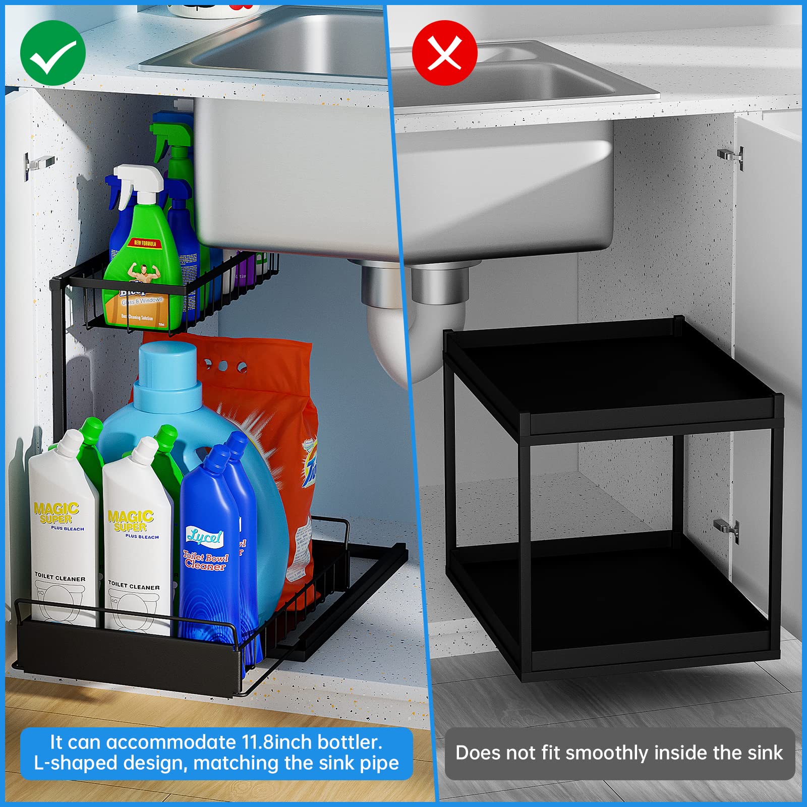 Under Sink Organizer, Painted Steel Under Cabinet Basket Organizer, Sliding Under Sink Storage with Handles, Black Bathroom Organizer Under Sink, Multi-purpose Cleaning Supplies Organizer for Kitchen