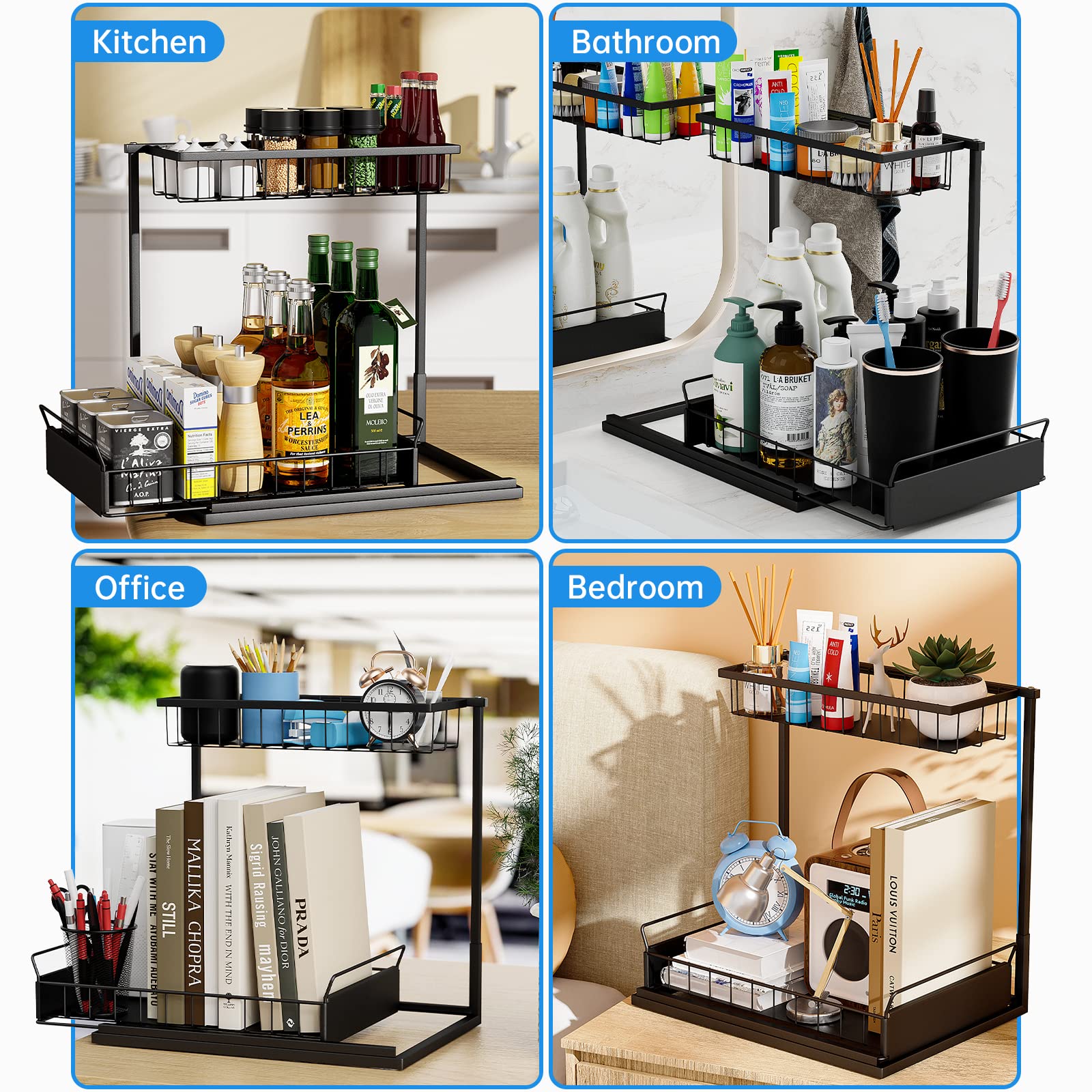 Under Sink Organizer, Painted Steel Under Cabinet Basket Organizer, Sliding Under Sink Storage with Handles, Black Bathroom Organizer Under Sink, Multi-purpose Cleaning Supplies Organizer for Kitchen