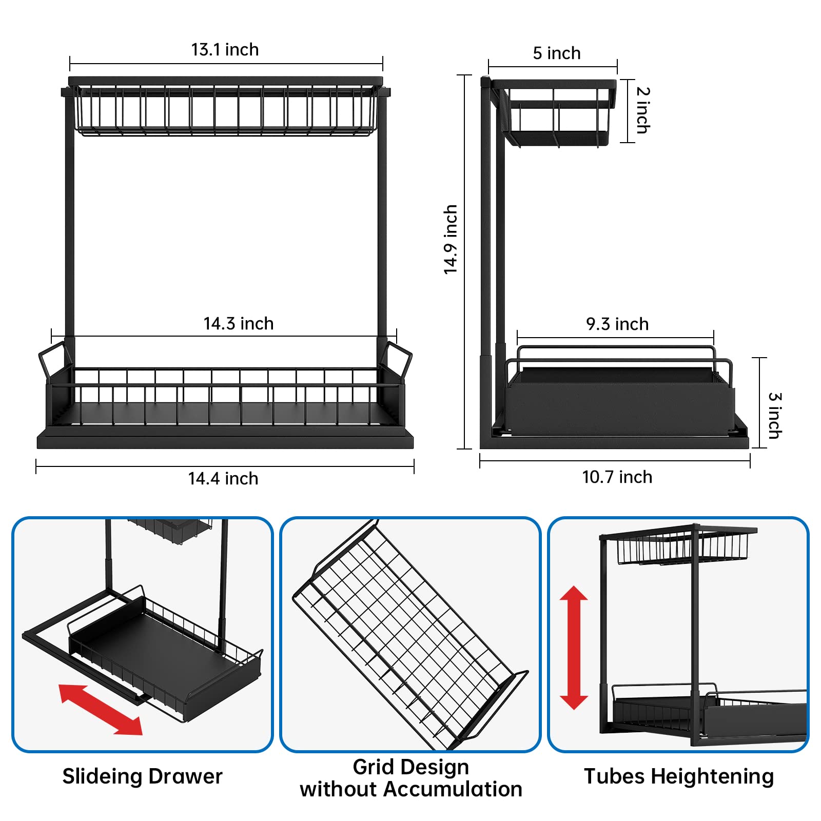 Under Sink Organizer, Painted Steel Under Cabinet Basket Organizer, Sliding Under Sink Storage with Handles, Black Bathroom Organizer Under Sink, Multi-purpose Cleaning Supplies Organizer for Kitchen