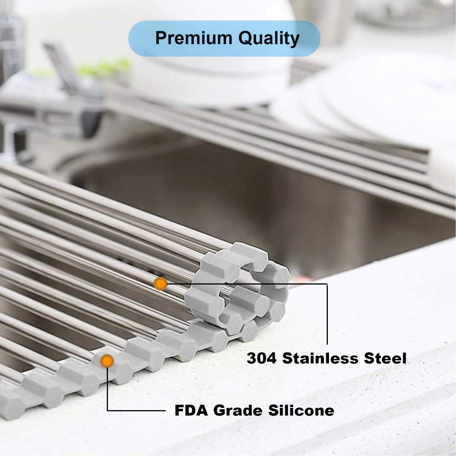 Booreina Over The Sink Dish Drying Rack, Roll up Sink Dish Drainer Rack Multipurpose Foldable Kitchen Stainless Steel Dish Rack Sink Drying Rack (17β x 11.8β)