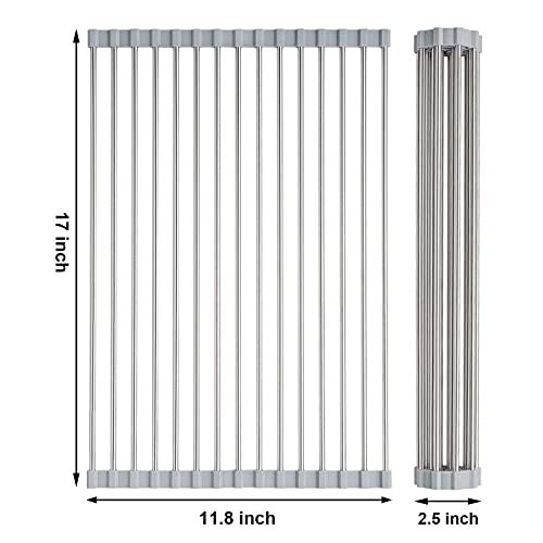 Booreina Over The Sink Dish Drying Rack, Roll up Sink Dish Drainer Rack Multipurpose Foldable Kitchen Stainless Steel Dish Rack Sink Drying Rack (17β x 11.8β)
