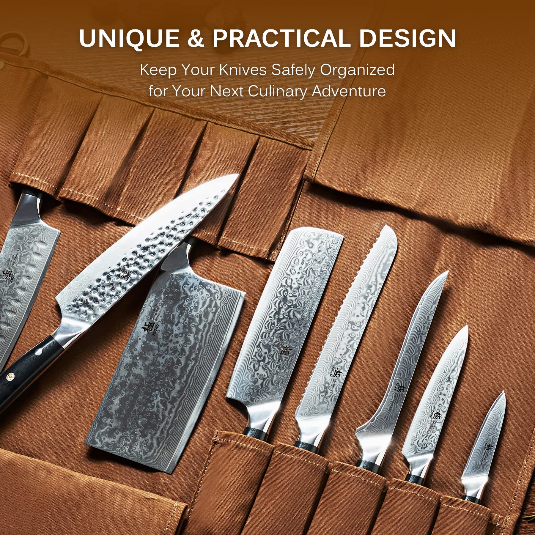 KYOKU Chef Knife Roll Bag, Kitchen Knife and Utensil Holder with 10 Slots 3 Cutlery Holders for Chef Knife Set, Oiled Leather and Waxed Canvas Knife Roll Up Travel Bag with Adjustable Strap, Black