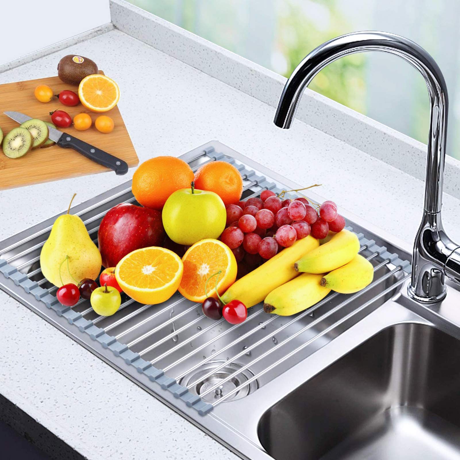 Booreina Over The Sink Dish Drying Rack, Roll up Sink Dish Drainer Rack Multipurpose Foldable Kitchen Stainless Steel Dish Rack Sink Drying Rack (17β x 11.8β)