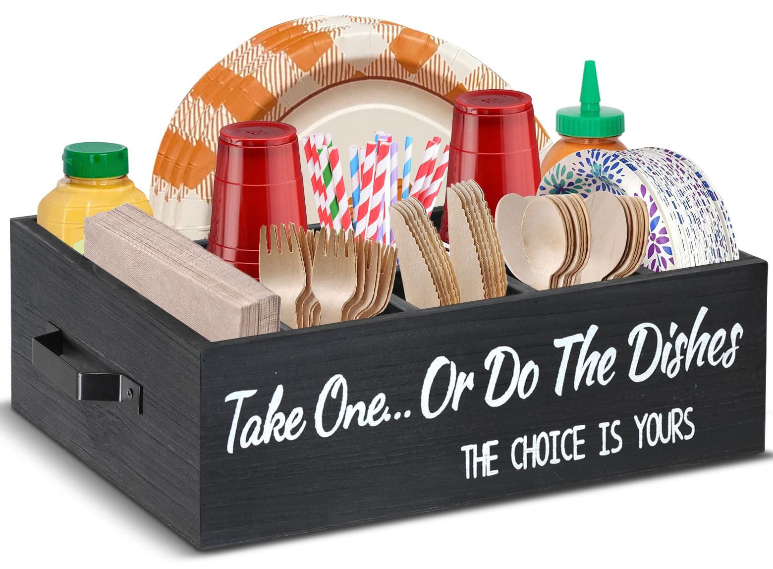 Kitchen Countertop Paper Plate Holders Utensil Caddy, Wood Utensil Holder Organizer for Plate Cup Fork Knives Spoon Napkin, Silverware Caddy Holder Condiment Caddy Organizer for Party Camping BBQ