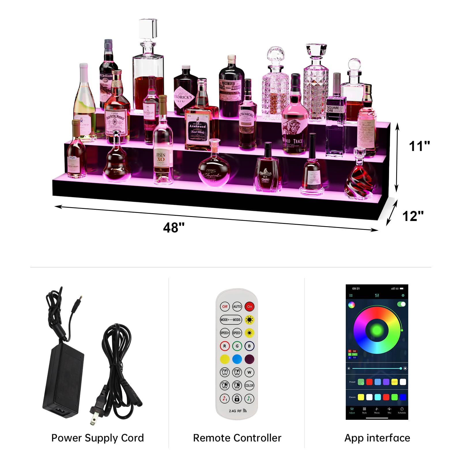 Cimcame Led Lighted Liquor Bottle Display with Remote Control, 48 Inch 3 Steps Countertop Illuminated Lighting Shelves for Home Commercial Bar Living Room Black