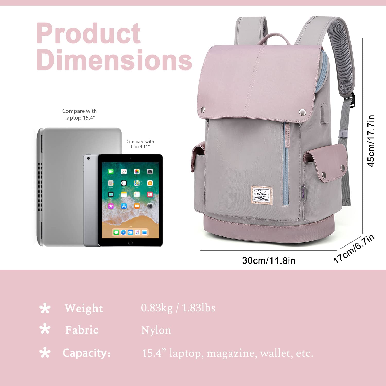 WindTook Backpack for Women Teens Girls School College Book Bag Travel Work Daypack Laptop Computer Bag with USB Charging Port Suits 15 Inch Notebook,mauve