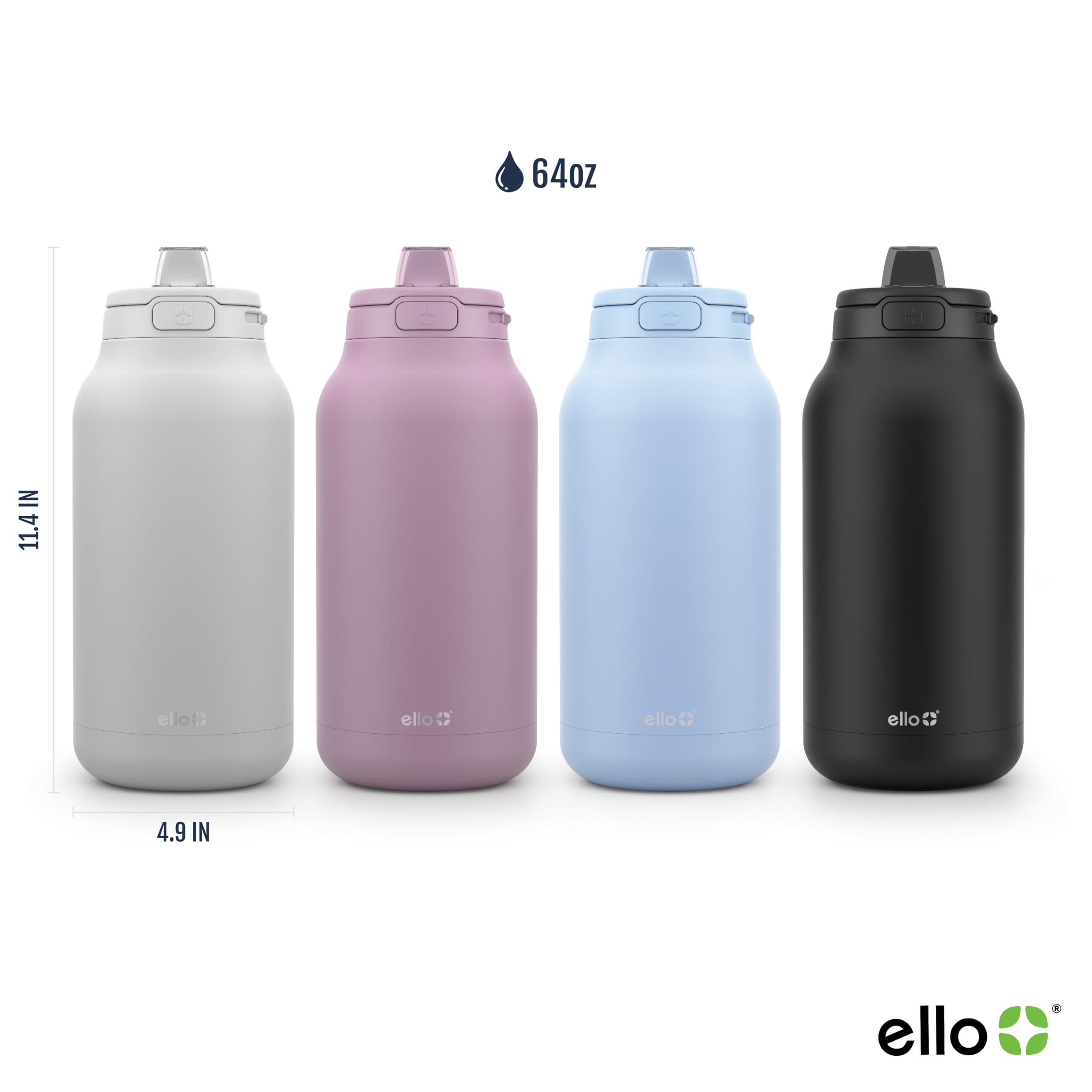 Ello Hydra Half Gallon Vacuum Insulated Stainless Steel Jug with Locking, Leak-Proof Lid and Soft Silicone Straw, Metal Reusable Water Bottle, Keeps Cold All Day, 64oz, Black