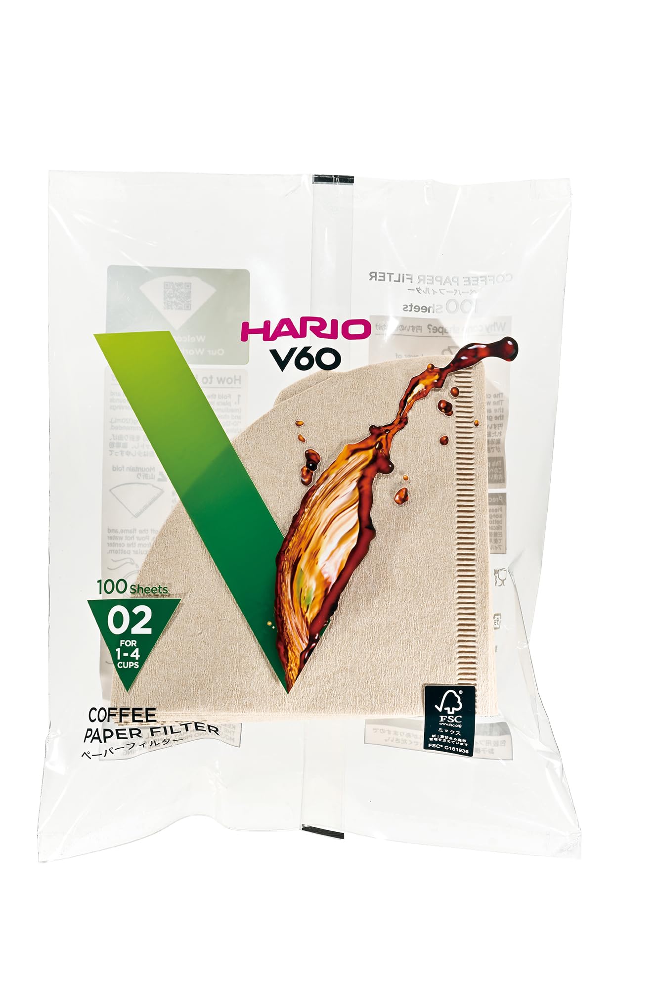 Hario V60 Paper Coffee Filters Single Use Pour Over Cone Filters Size 02, Natural, 100 count