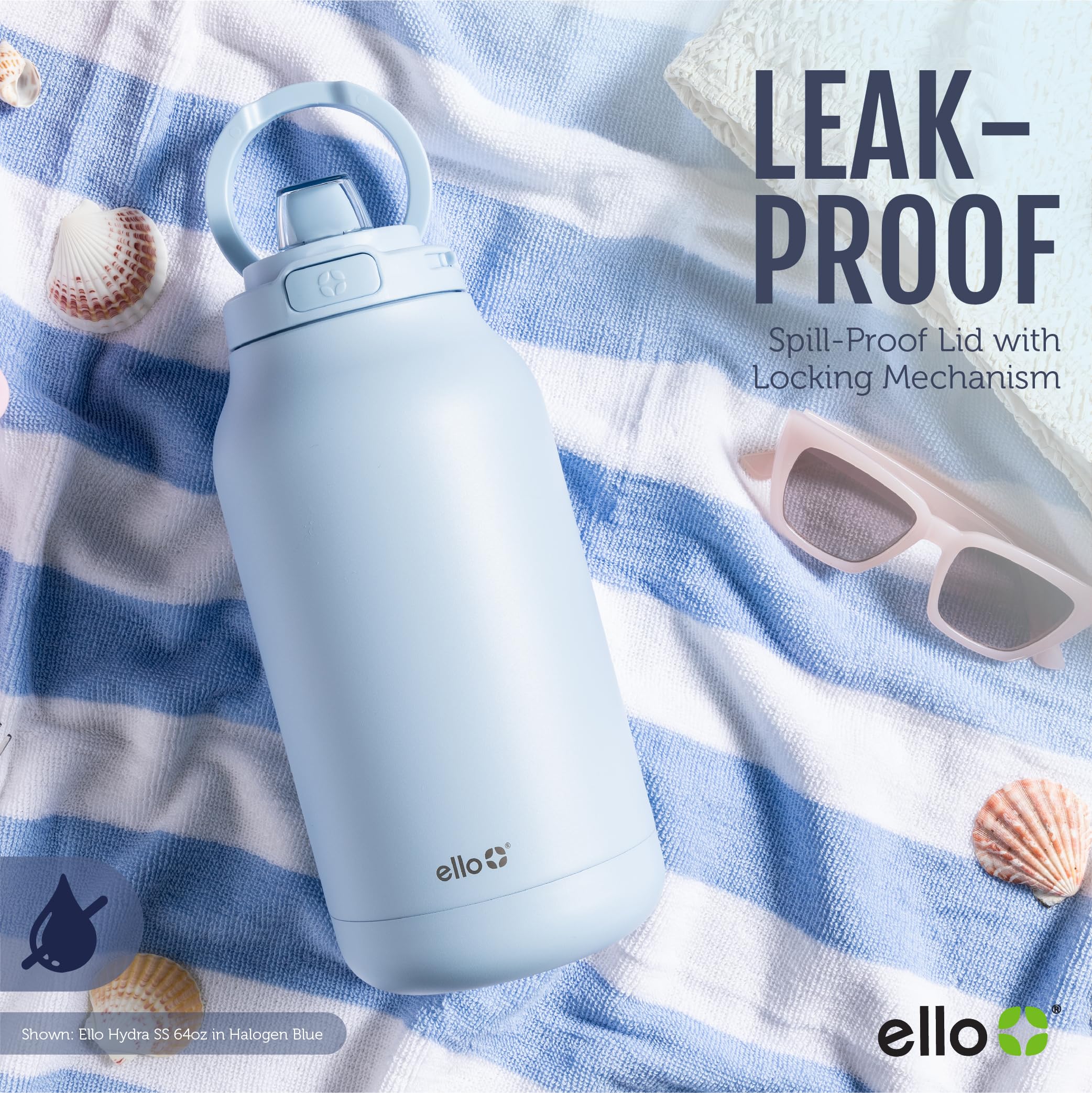 Ello Hydra Half Gallon Vacuum Insulated Stainless Steel Jug with Locking, Leak-Proof Lid and Soft Silicone Straw, Metal Reusable Water Bottle, Keeps Cold All Day, 64oz, Black