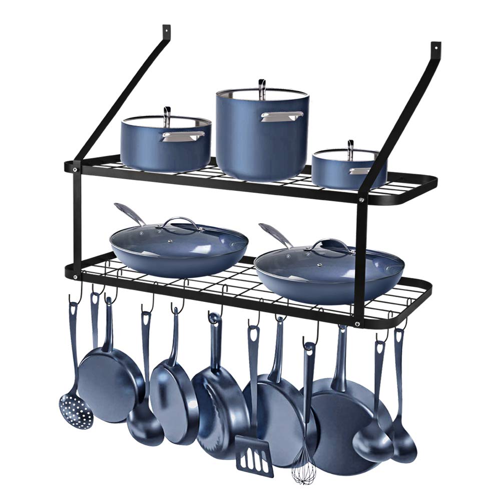 ROTTOGOON Wall Mounted Pots and Pans Rack, 2 Tier Pot and Pan Organizer 30 Inch Wall Pot Rack with 12 Hooks Kitchen Rack Organizer