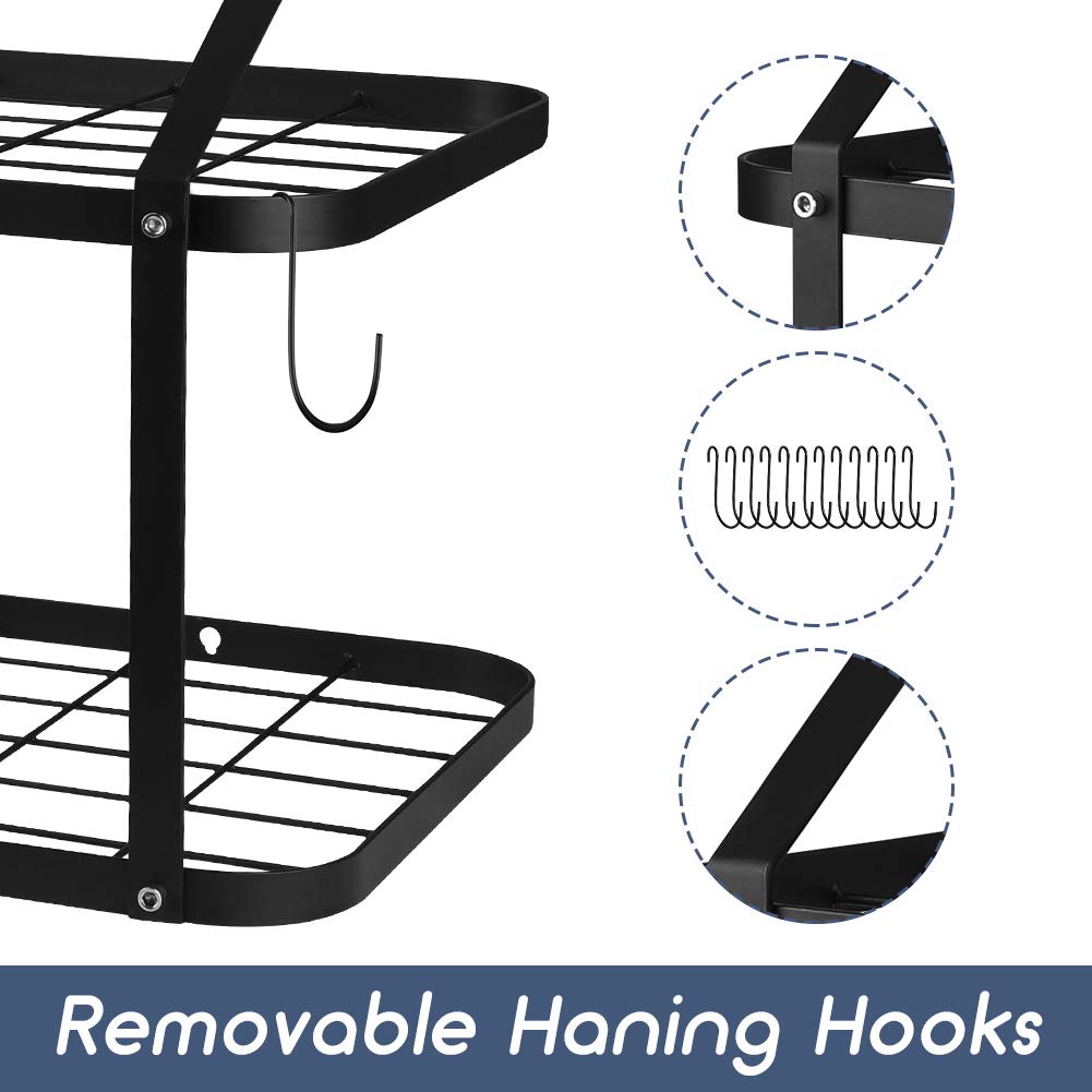 ROTTOGOON Wall Mounted Pots and Pans Rack, 2 Tier Pot and Pan Organizer 30 Inch Wall Pot Rack with 12 Hooks Kitchen Rack Organizer