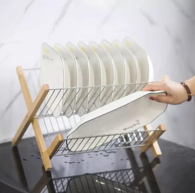 Naytic Stainless Steel Bamboo Foldable Adjustable Large Two Tier Dish Drying Rack Sink Organizer for Kitchen Counters