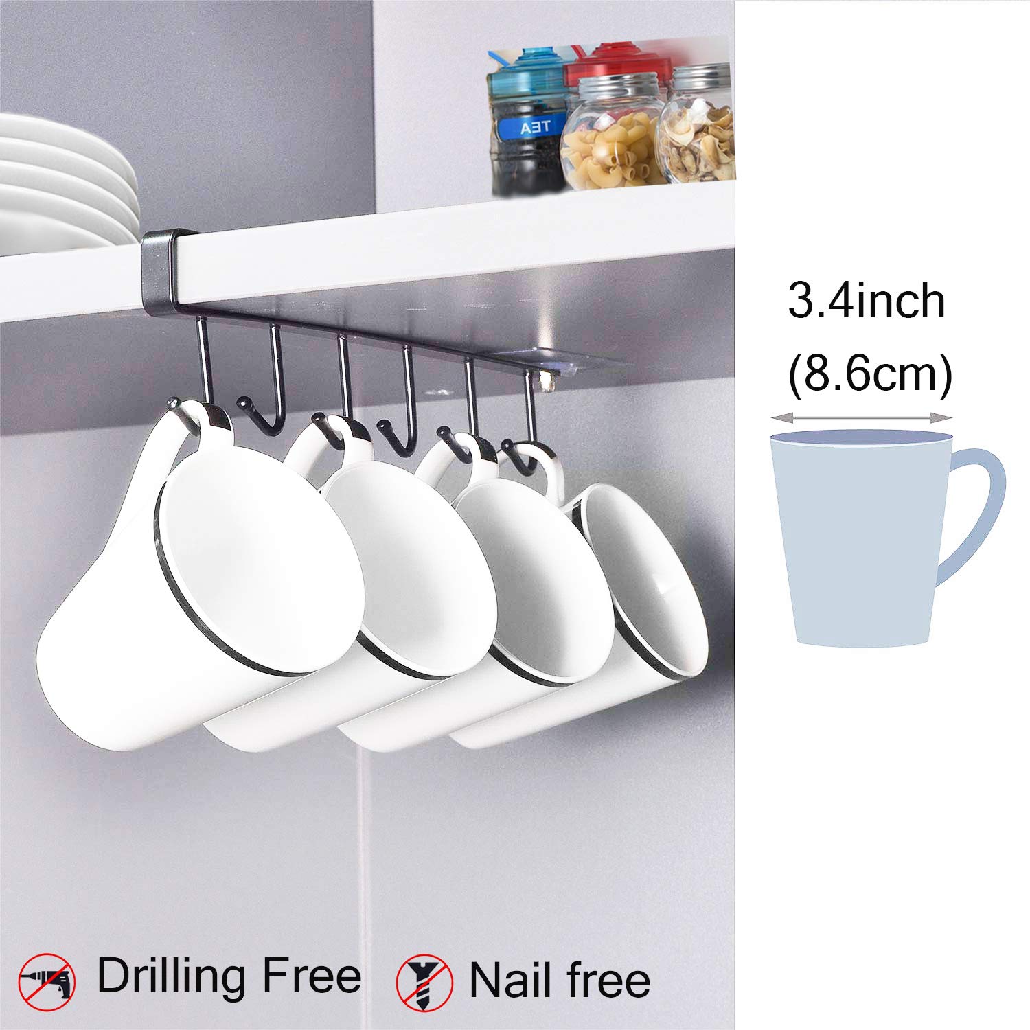 2pcs Mug Hooks Mug Holder Under Cabinet,BAIEUEJO Coffee Cups Holder Hanger no Drilling,Kitchen Utensil Hooks,Storage Hooks for Cups/Kitchen Utensils/Ties Belts/Scarf/Keys Storage (White)