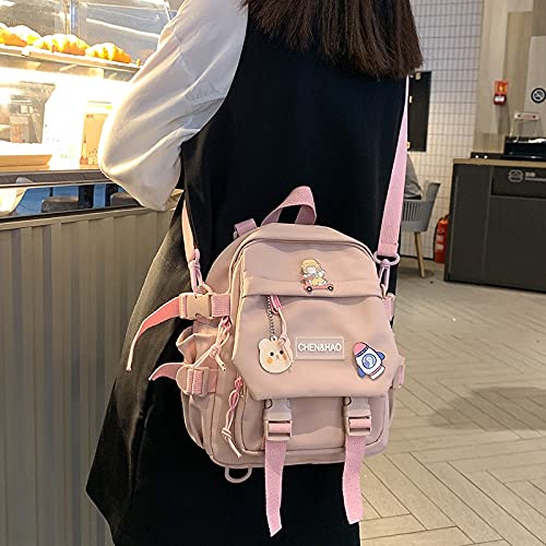 PEXIZUAN kawaii backpack girl school bag waterproof nylon with kawaii pendant cute pin mini backpack(pink)