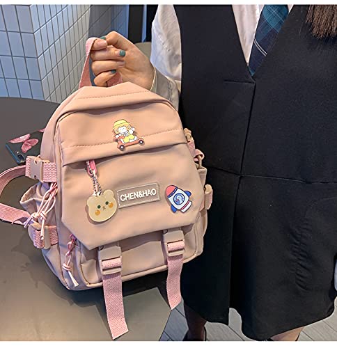 PEXIZUAN kawaii backpack girl school bag waterproof nylon with kawaii pendant cute pin mini backpack(pink)