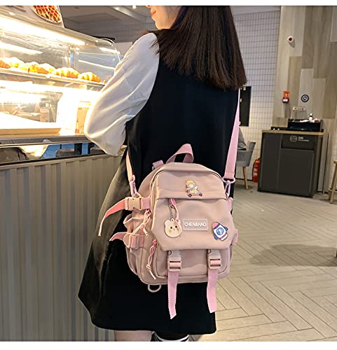 PEXIZUAN kawaii backpack girl school bag waterproof nylon with kawaii pendant cute pin mini backpack(pink)