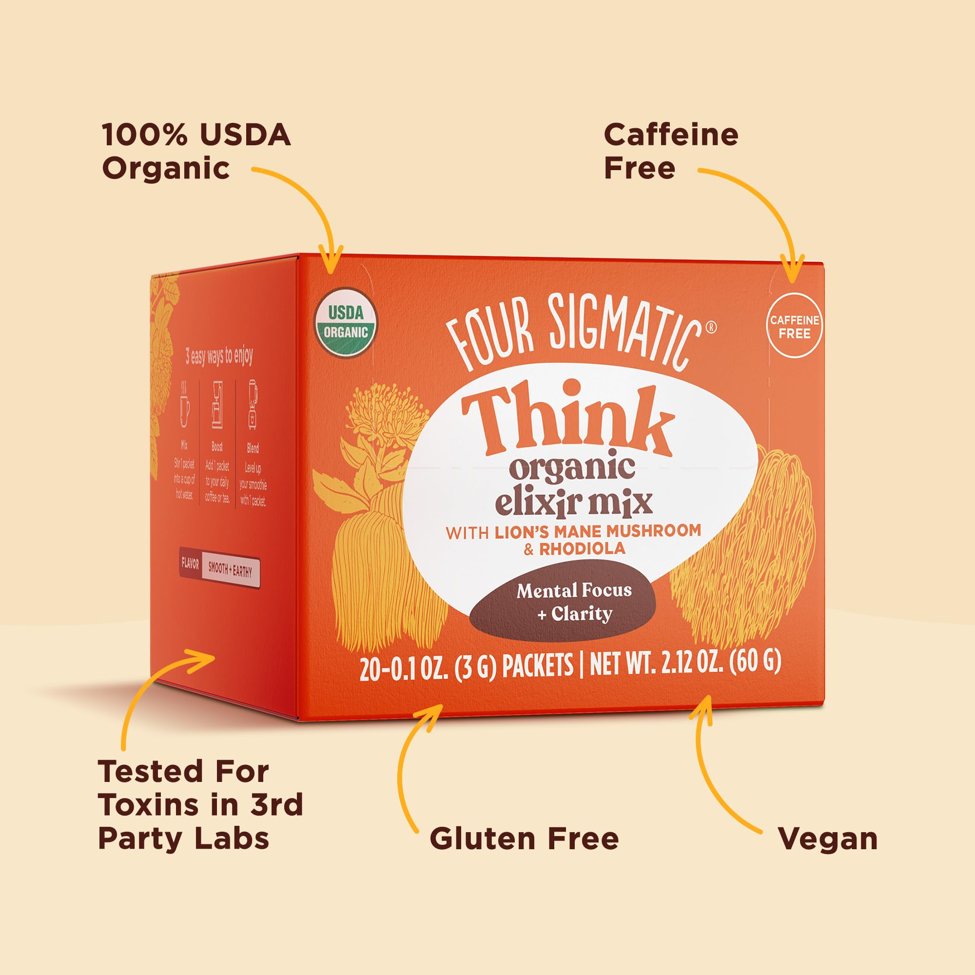 Four Sigmatic Lion's Mane Mushroom Elixir | Coffee Alternative with Organic Lion's Mane Mushroom Powder, Rhodiola & Rose Hips | Immune & Memory Support | Paleo | Pack of 20
