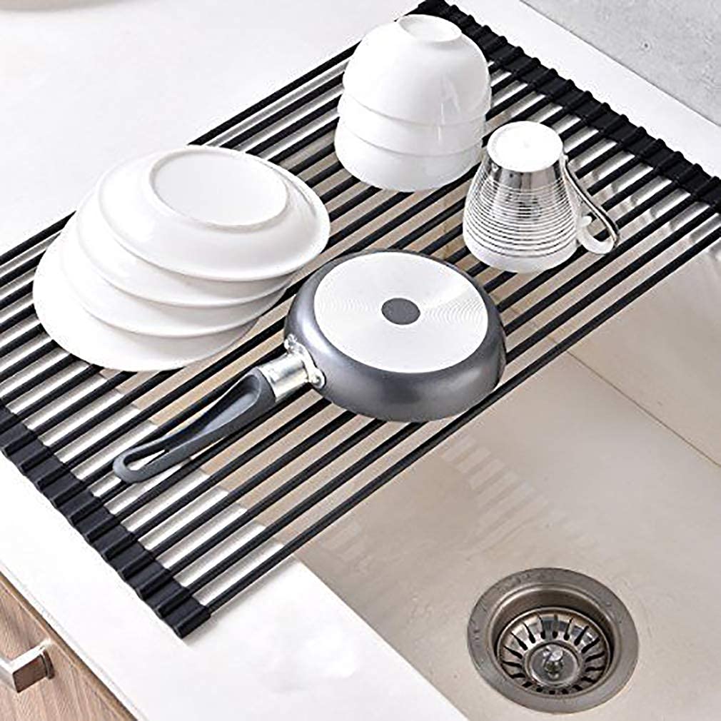 Ahyuan Large Roll up Dish Drying Rack Foldable Dish Rack Over Sink Dish Drainer Roll-up Sink Drying Rack Full Silicone Coated Stainless Still Dish Drying Rack (Matte Black)