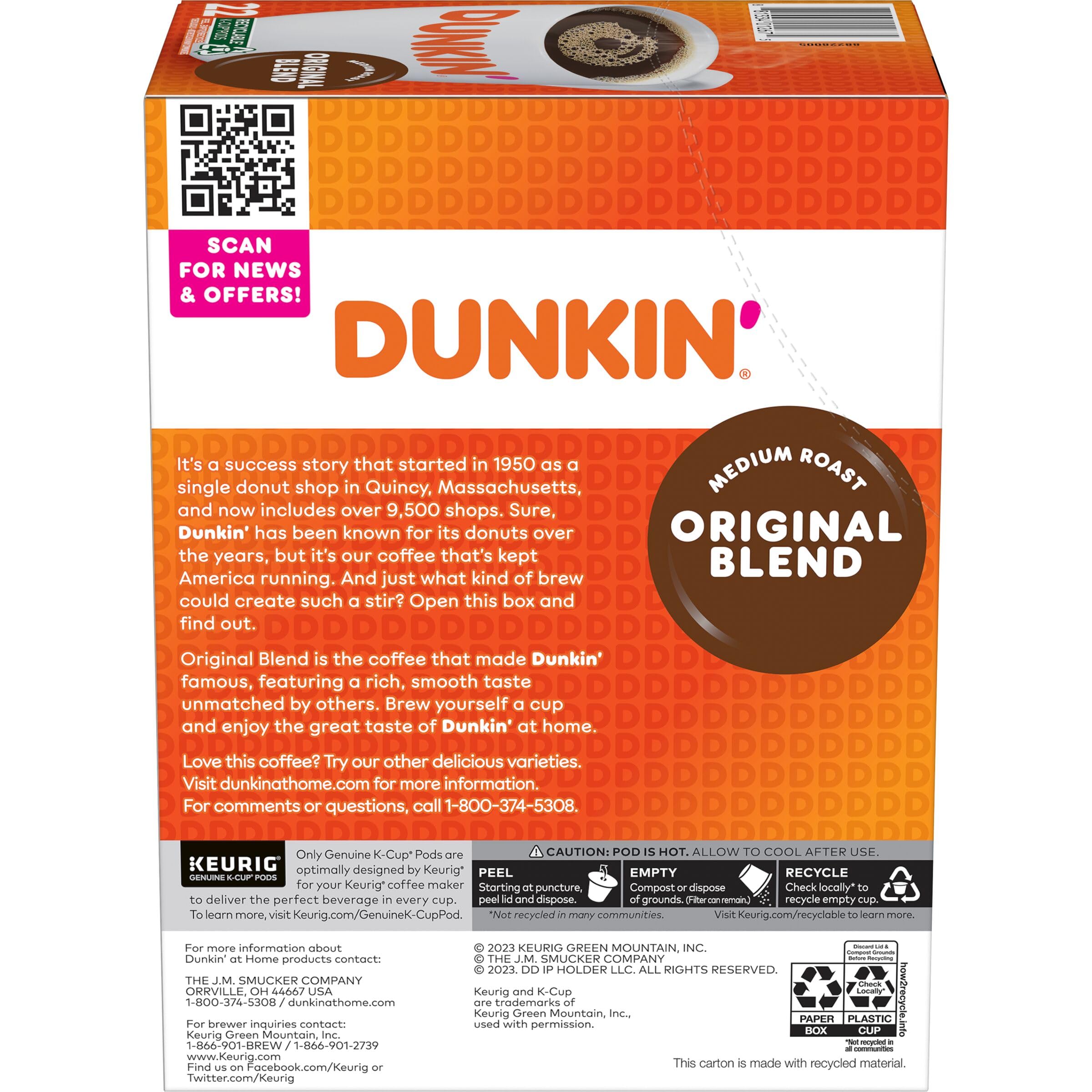 Dunkin' Original Blend Medium Roast Coffee, 88 Keurig K-Cup Pods
