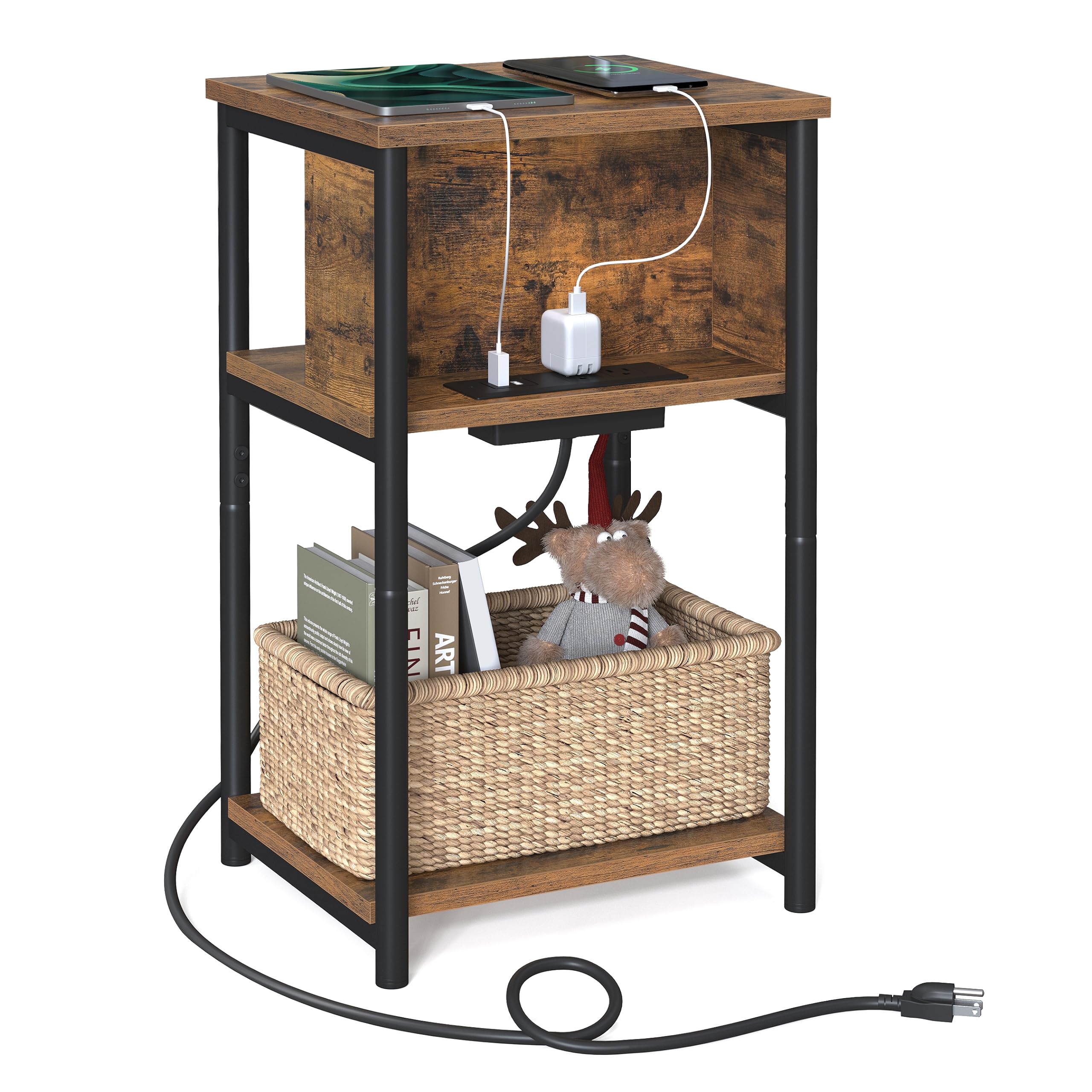 VASAGLE Side Table with Charging Station, 3-Tier End Table with USB Ports and Outlets, Nightstand for Living Room, Bedroom, 11.8 x 13.4 x 22.8 Inches, Plug-In Series, Rustic Brown and Black ULET373B01