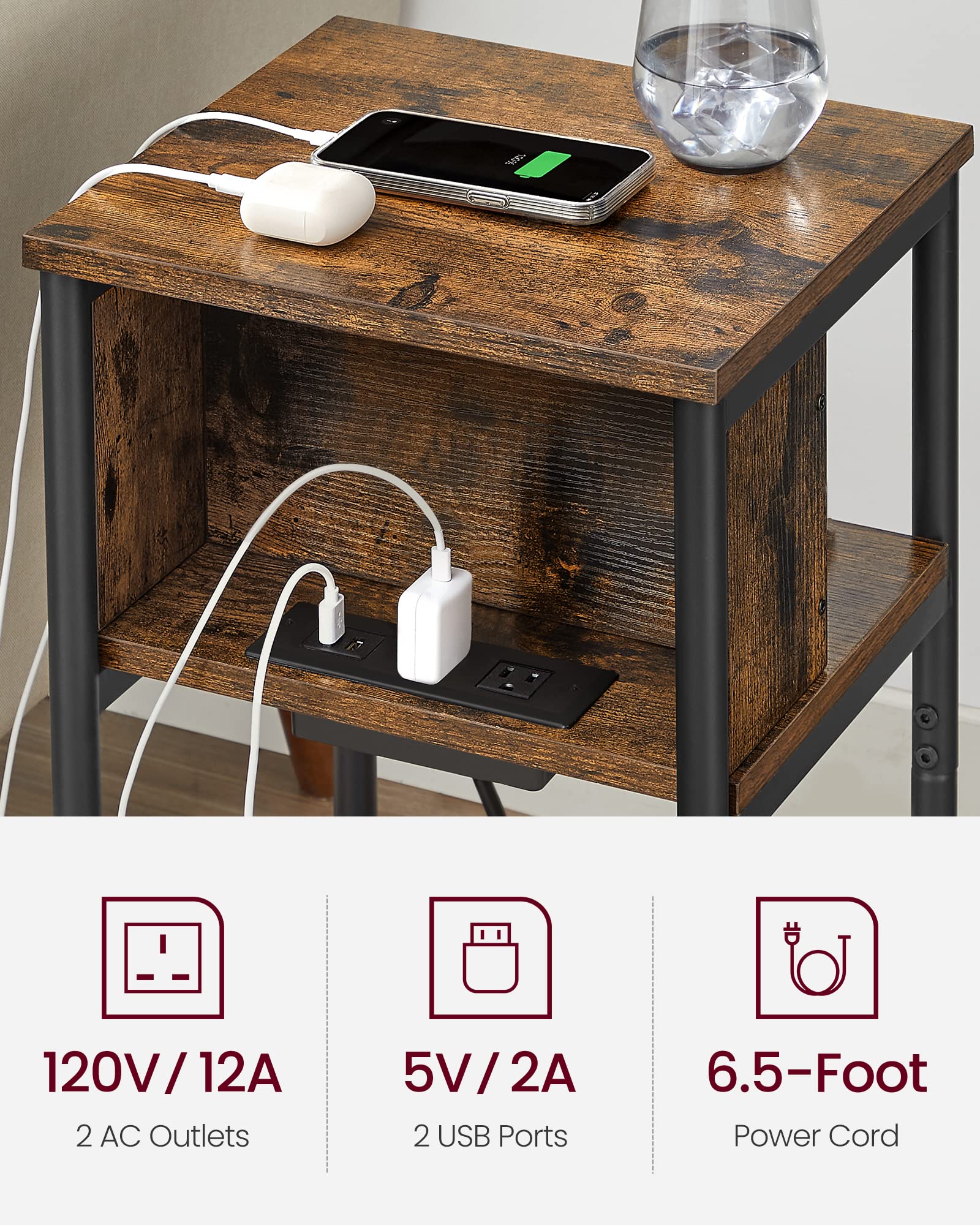 VASAGLE Side Table with Charging Station, 3-Tier End Table with USB Ports and Outlets, Nightstand for Living Room, Bedroom, 11.8 x 13.4 x 22.8 Inches, Plug-In Series, Rustic Brown and Black ULET373B01