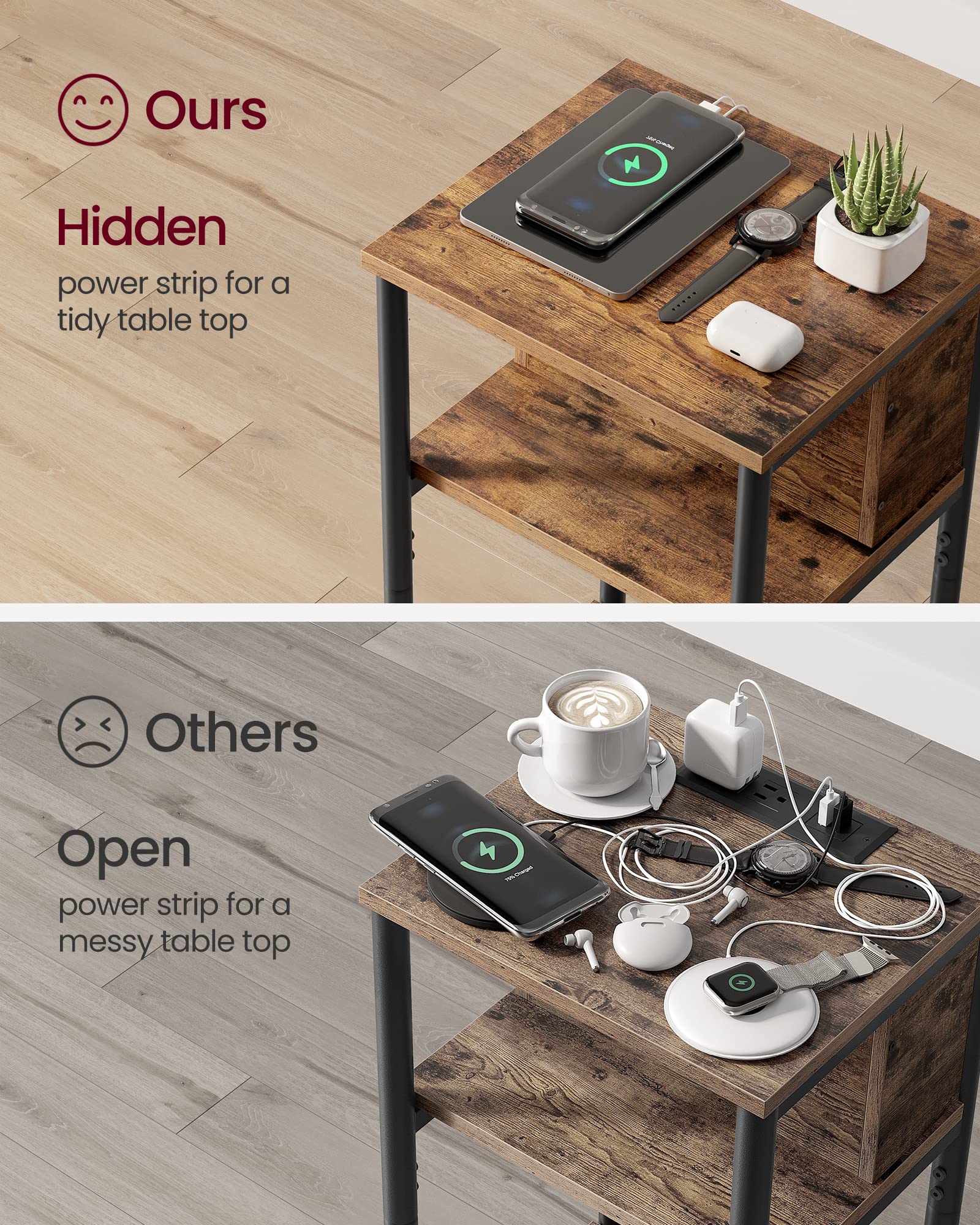 VASAGLE Side Table with Charging Station, 3-Tier End Table with USB Ports and Outlets, Nightstand for Living Room, Bedroom, 11.8 x 13.4 x 22.8 Inches, Plug-In Series, Rustic Brown and Black ULET373B01