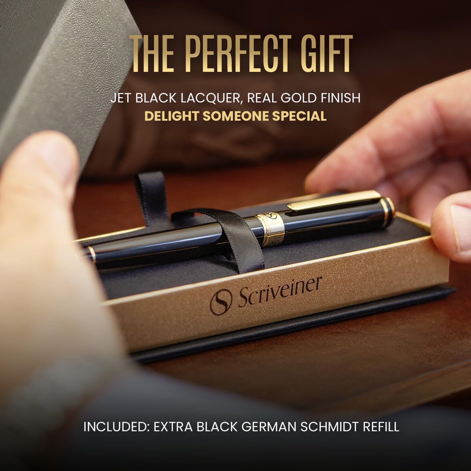 Scriveiner Black Lacquer Rollerball Pen - Stunning Luxury Pen with 24K Gold Finish, Schmidt Ink Refill, Best Roller Ball Pen Gift Set for Men & Women, Professional, Executive Office, Nice Pens