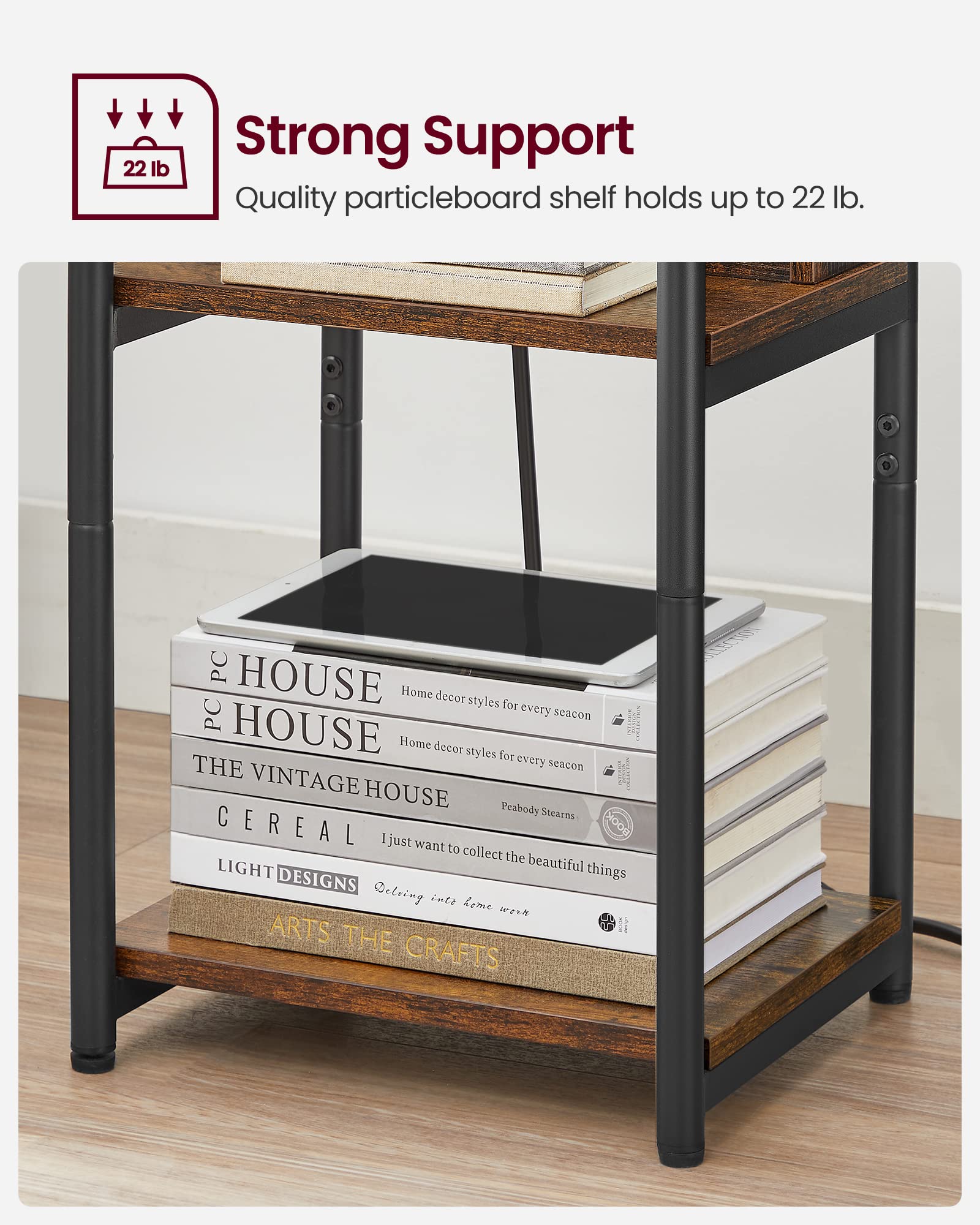 VASAGLE Side Table with Charging Station, 3-Tier End Table with USB Ports and Outlets, Nightstand for Living Room, Bedroom, 11.8 x 13.4 x 22.8 Inches, Plug-In Series, Rustic Brown and Black ULET373B01