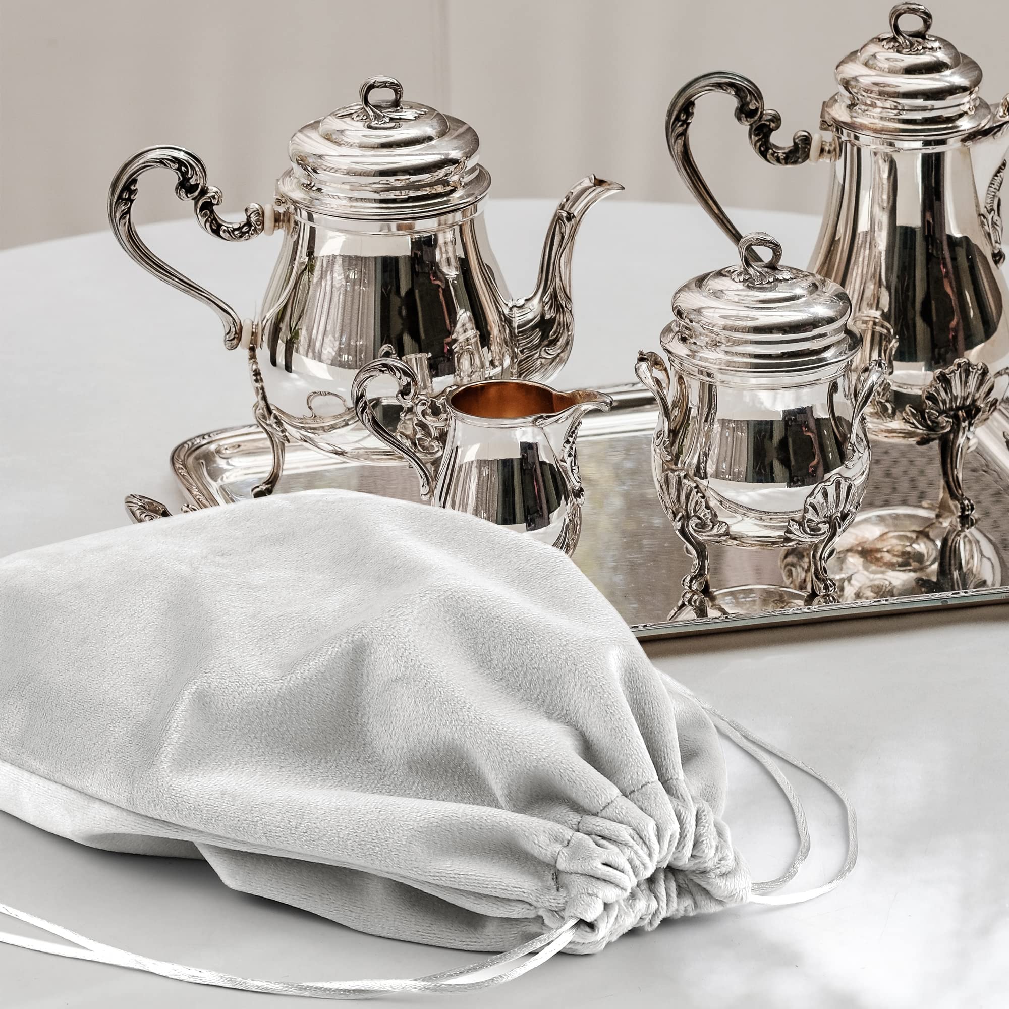 Kochorie 6 Pack Silver Storage Bags Anti Tarnish Storage Bag Fabric Cloth Bags with Diverse Sizes for Jewelry Silverware Protection Flatware Plate Tarnish, Grey