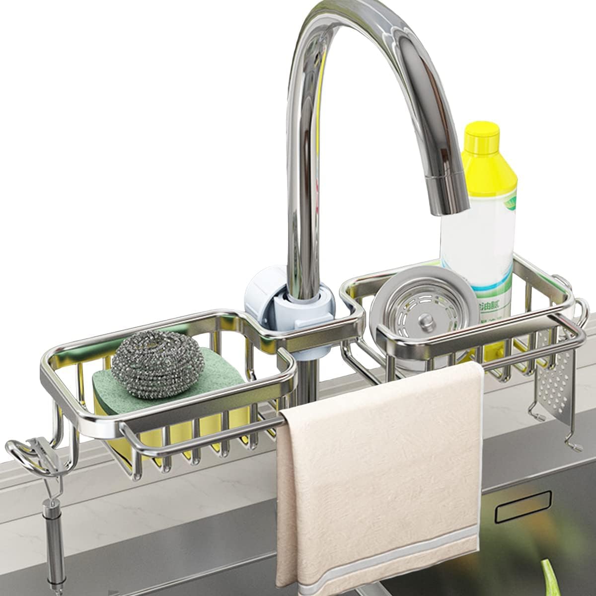 YOMEAN Kitchen Sink Caddy Sponge Holder Organizer Drain Rack Over Faucet Stainless Steel Drying Rack for Bathroom,Towel, Brush, Peeler, Soap, Dish Cloth Rag Hanging (Sliver)